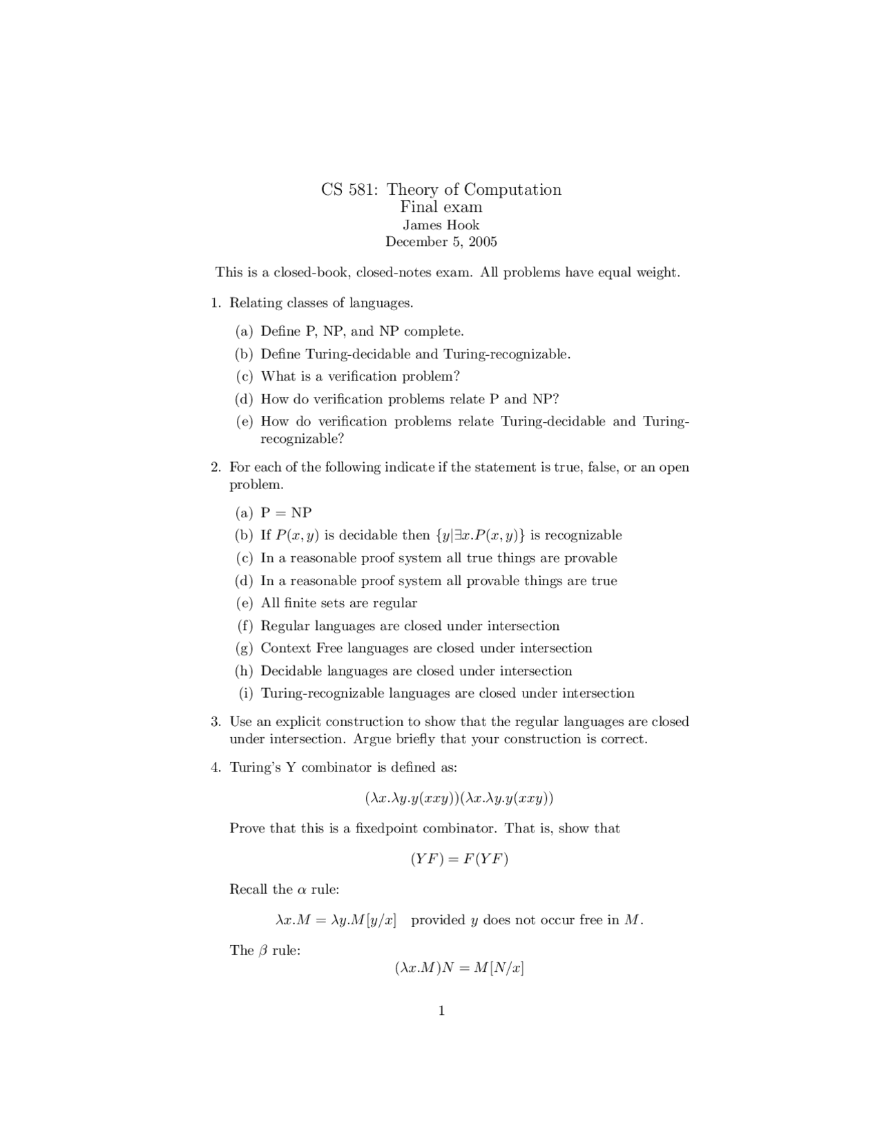 5 Questions Final Exam Theory Of Computation Cs 581 Docsity