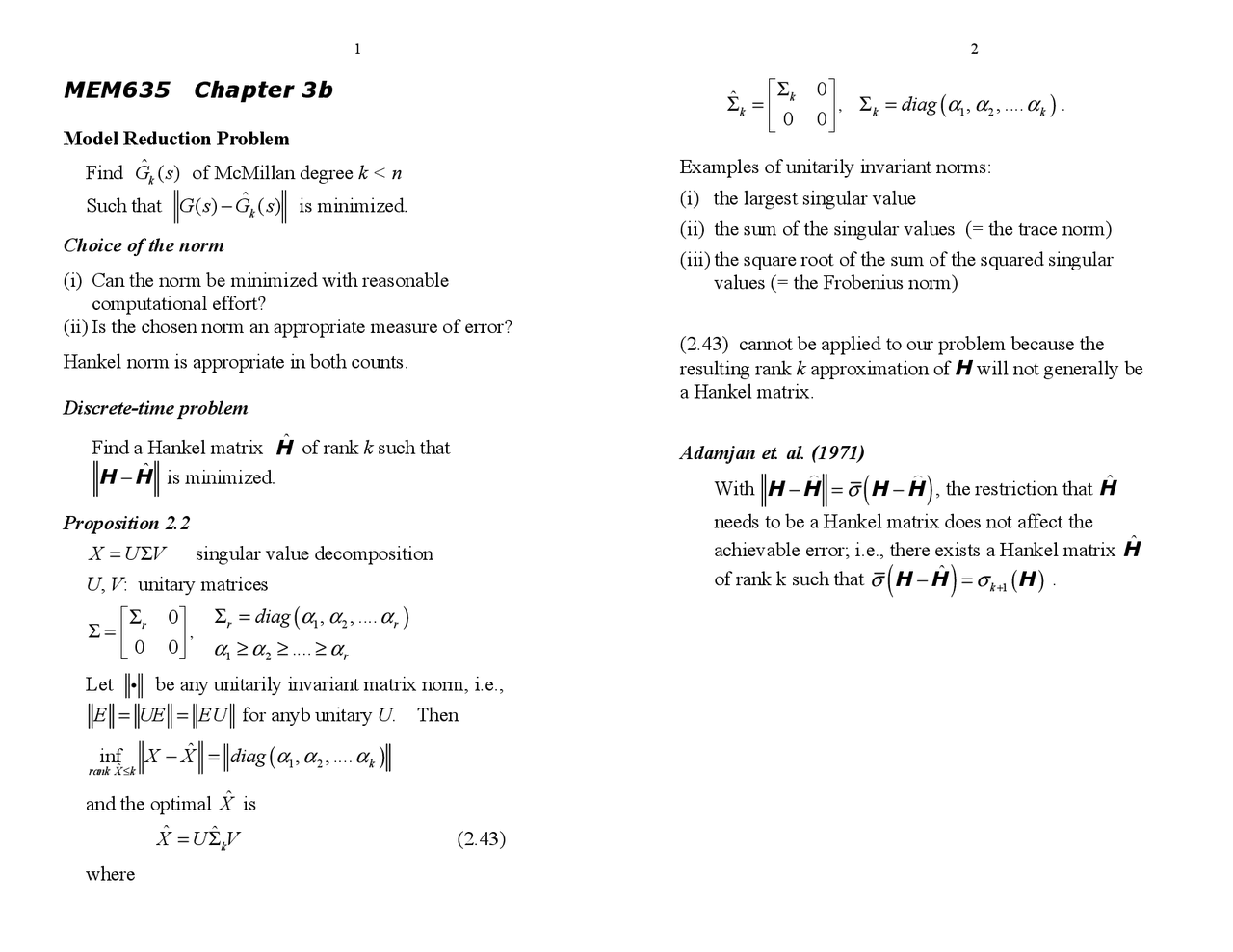 Model Reduction Problems Lecture Notes Mem 635 Docsity