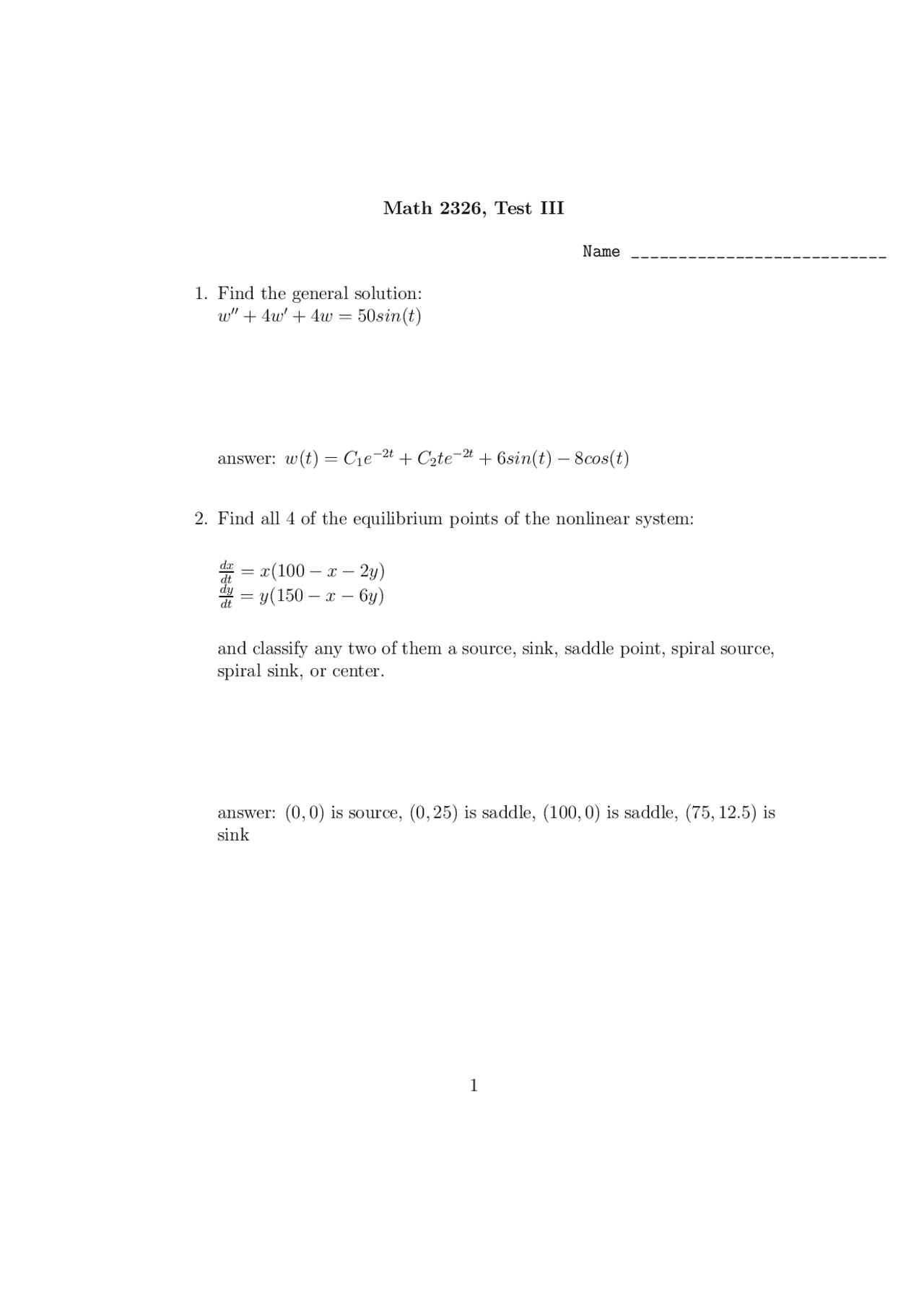 Solved Questions For Exam 3 Differential Equations Math 2326 Docsity