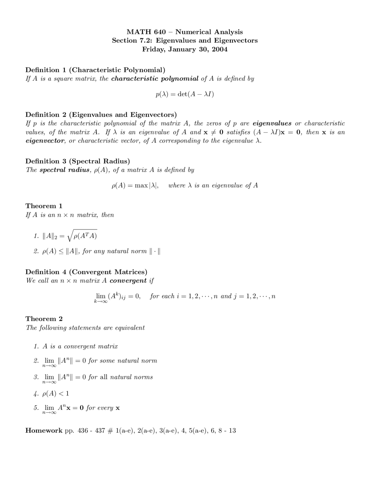 2 Theorems On Eigenvalues In Numerical Analysis Assignment Math 640