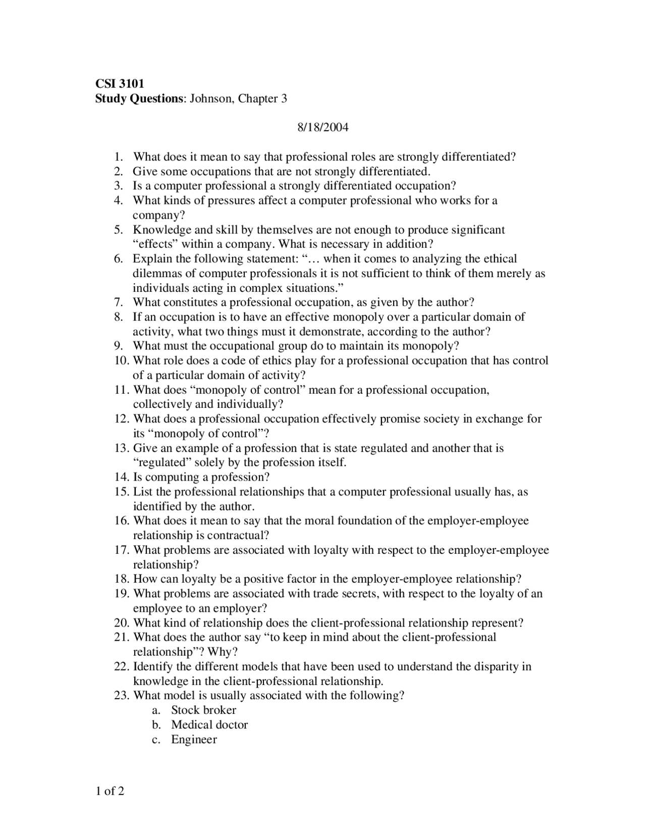 Computers in Society - Study Questions | CSI 3101 - Docsity