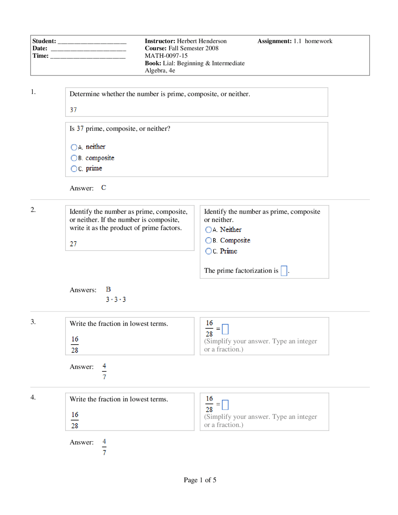 18 Mcqs With Answers Key On Beginning Algebra Assignment 1 Math