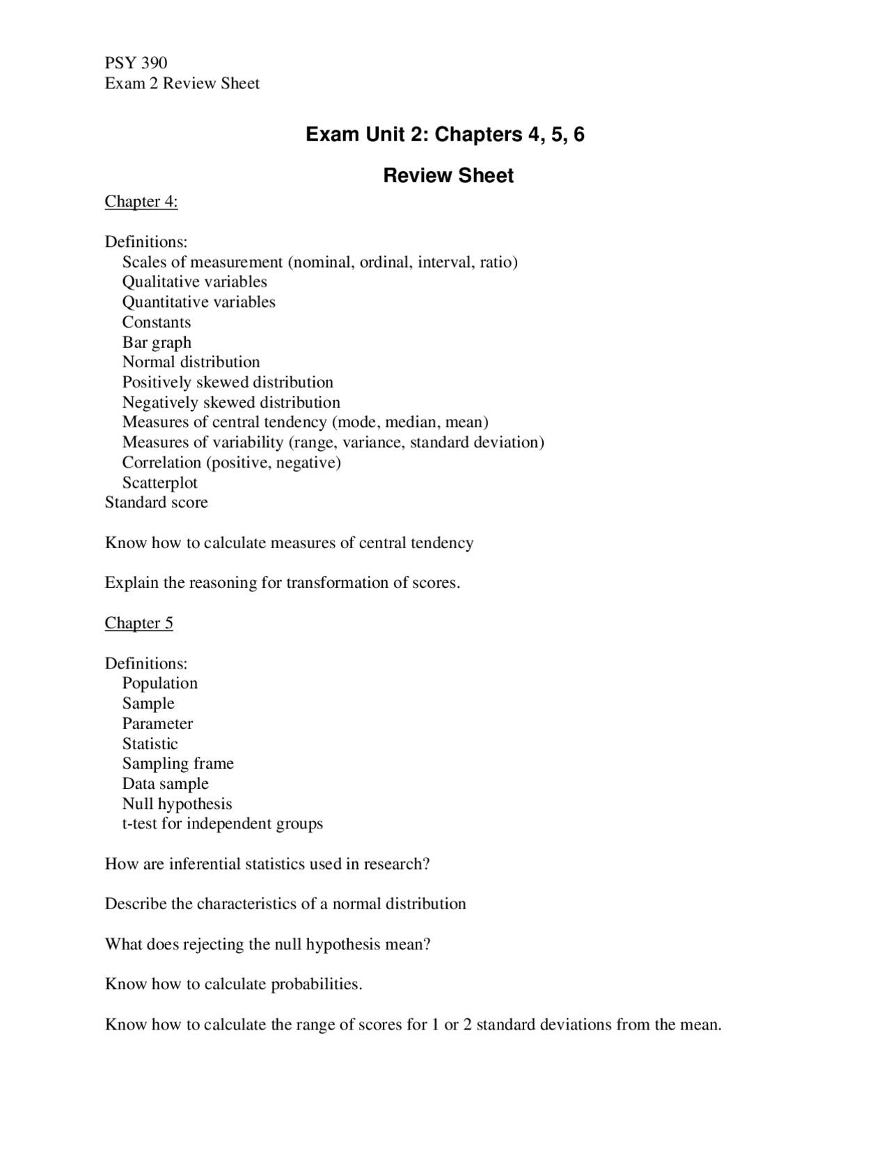 Exam Ii Review Sheet Research Methods Psy 390 Docsity