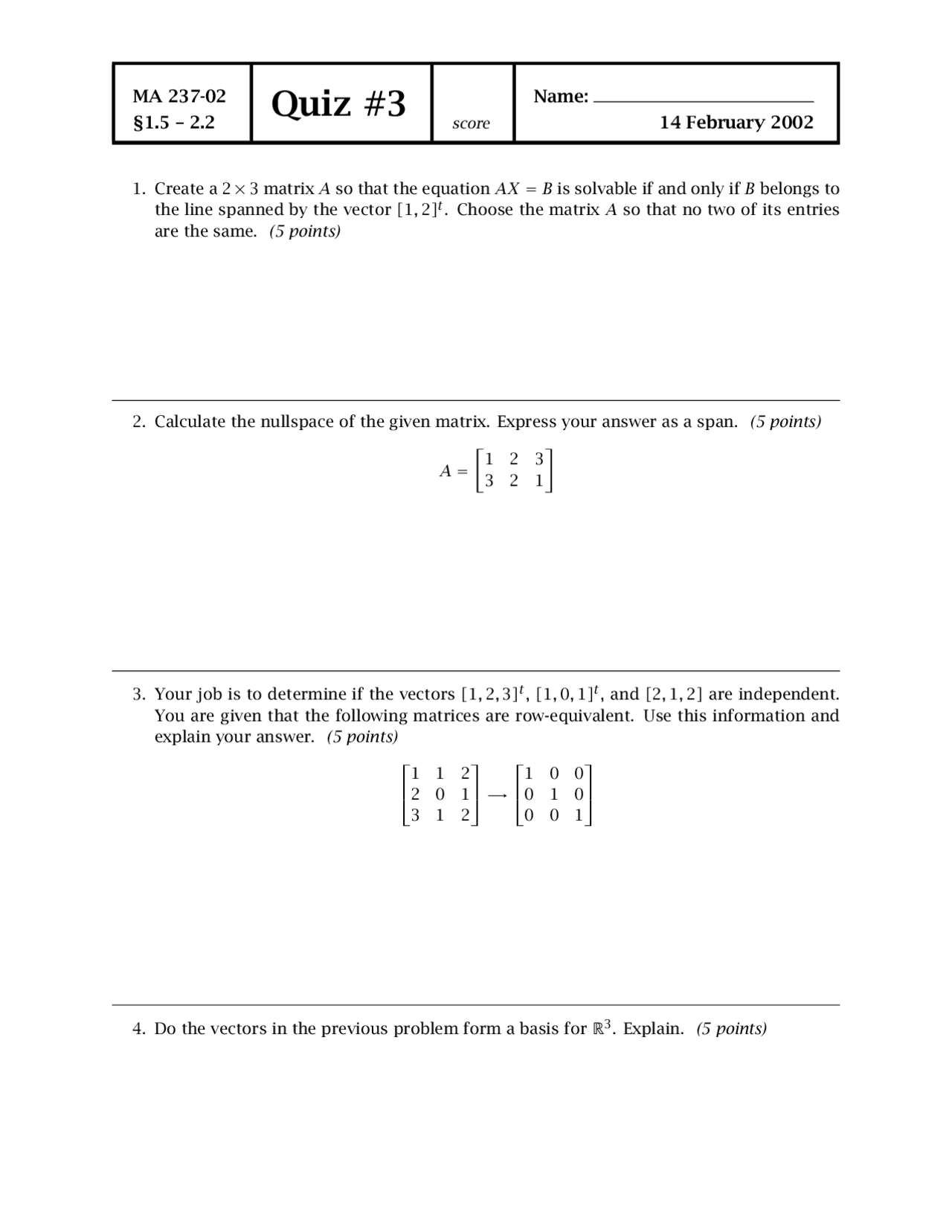 Quiz Answers for MA 237-02, Section 1.5-2.2, Quiz #3 | Quizzes Linear Algebra | Docsity