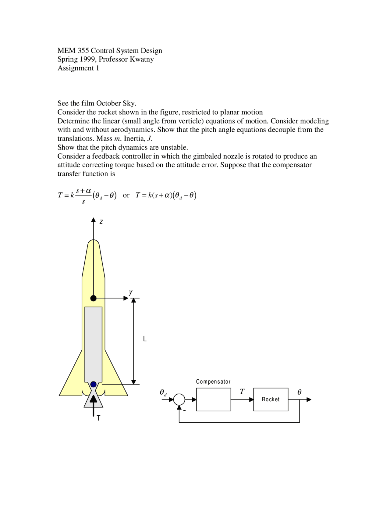 Assignment 1 On Control System Design Mem 355 Docsity