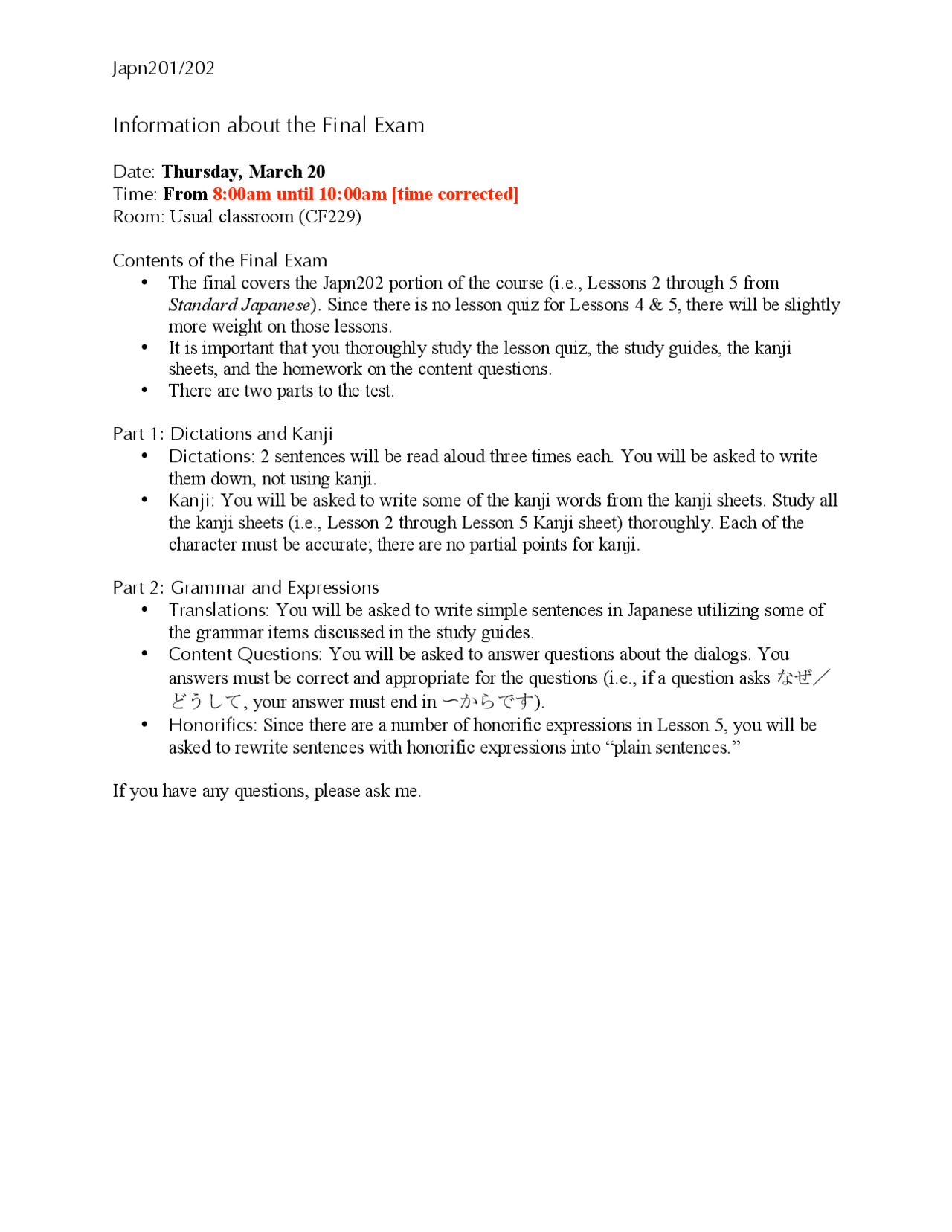 Information About Final Exam - Second-Year Japanese | JAPN 201 - Docsity