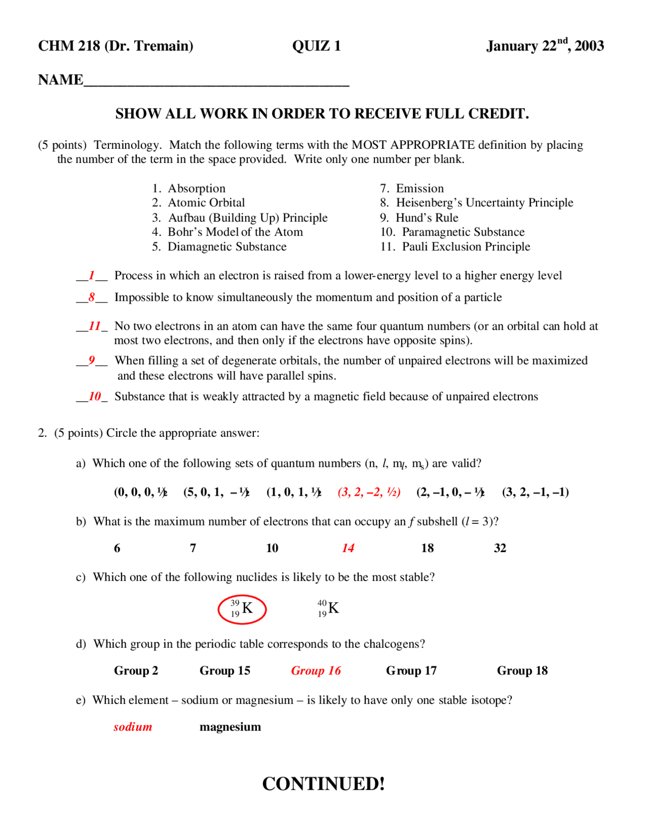 Solved Quiz 1 Introduction To Inorganic Chemistry Chm 218 Docsity