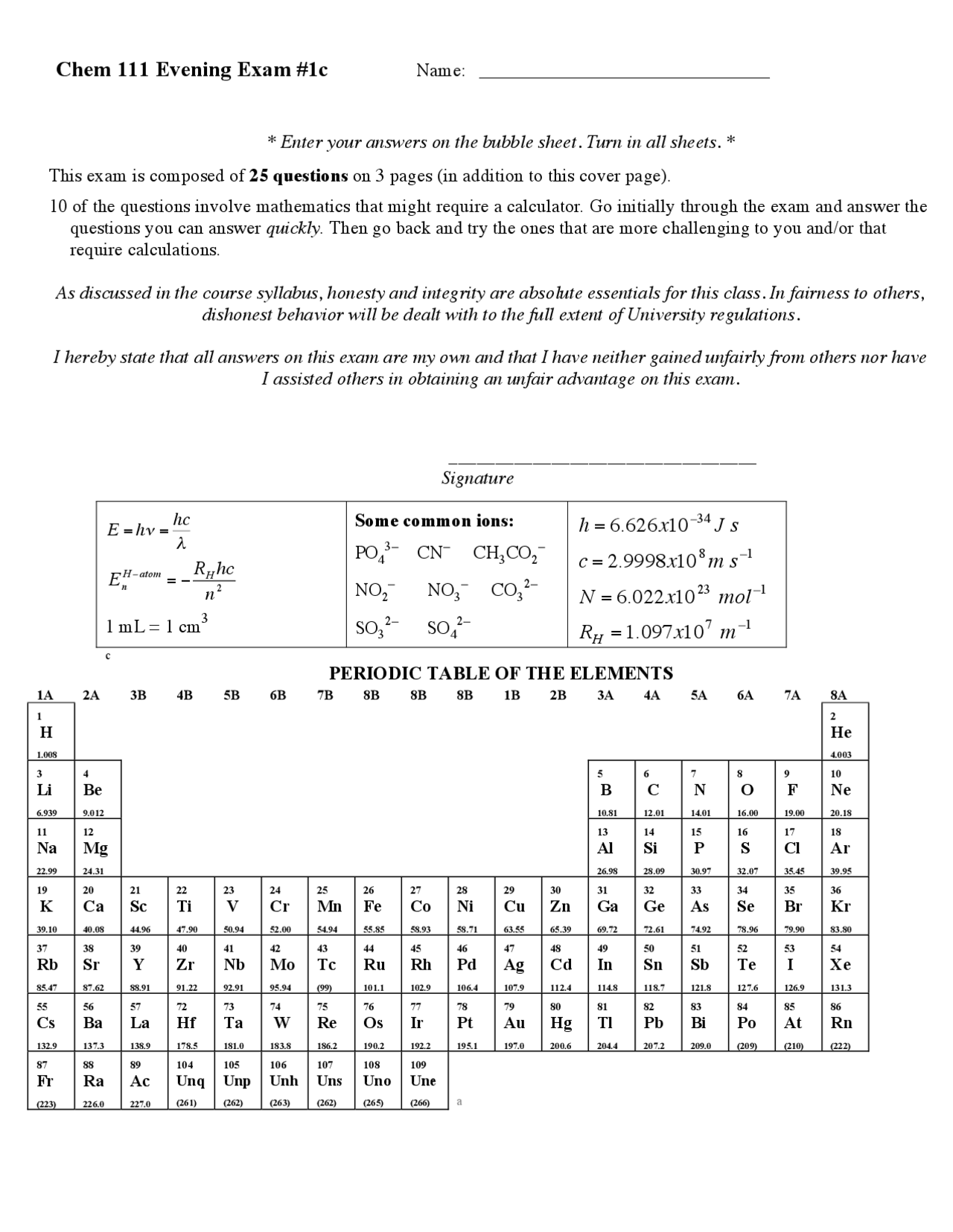 Exam 1 Questions With Periodic Table Of Elements General Chemistry