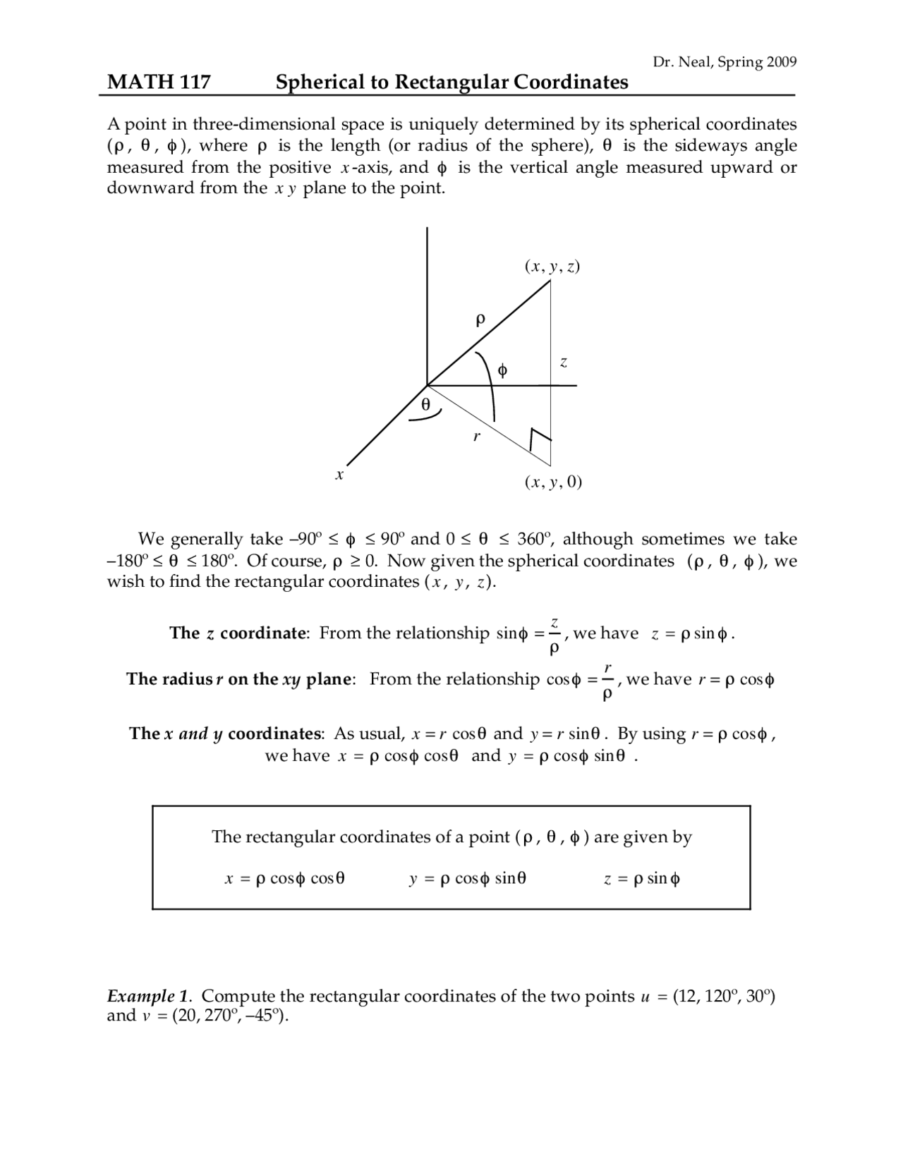 Spherical to Rectangular Coordinates | MATH 117 - Docsity
