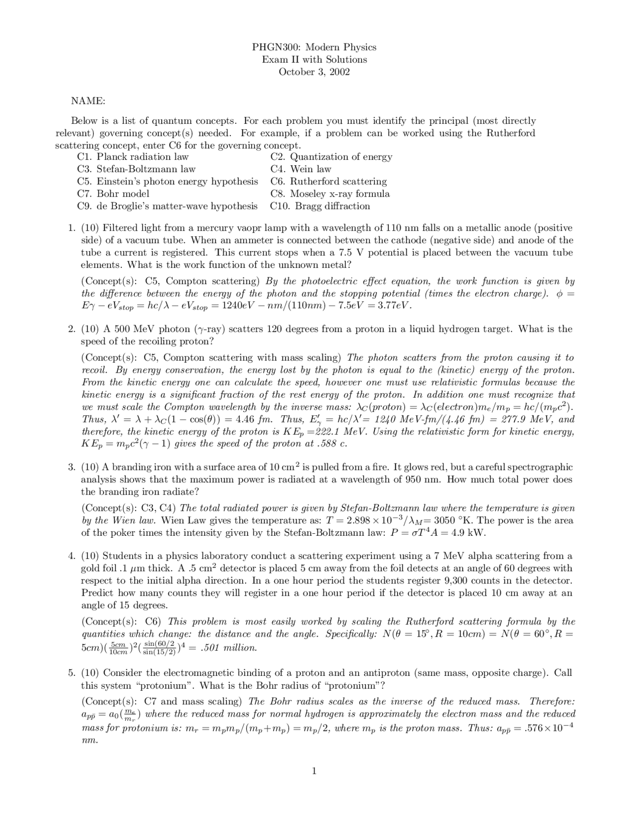 Exam Ii With Solution Physics Iii Modern Physics Phgn 300 Docsity