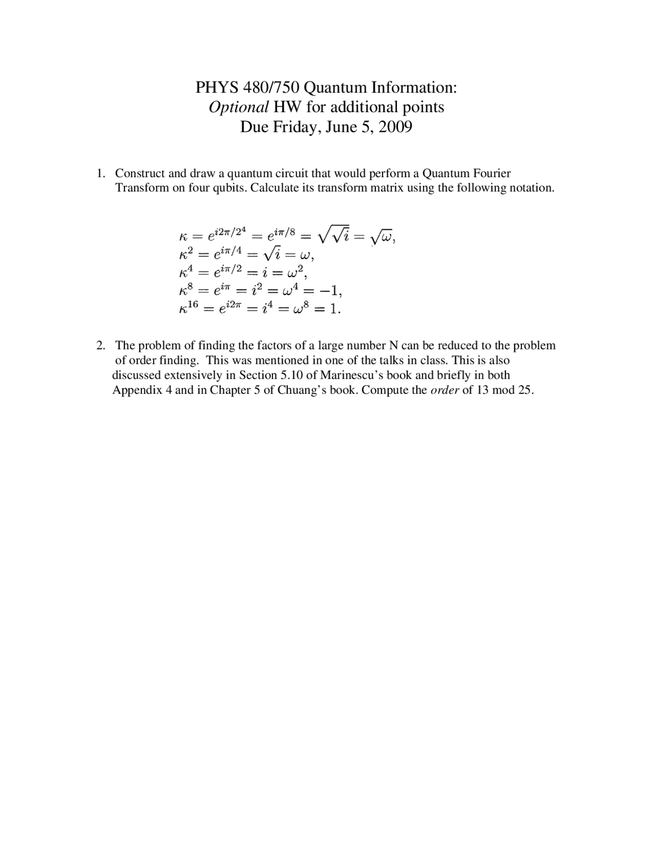 Introduction To Quantum Information Assignment Phys 480 Docsity