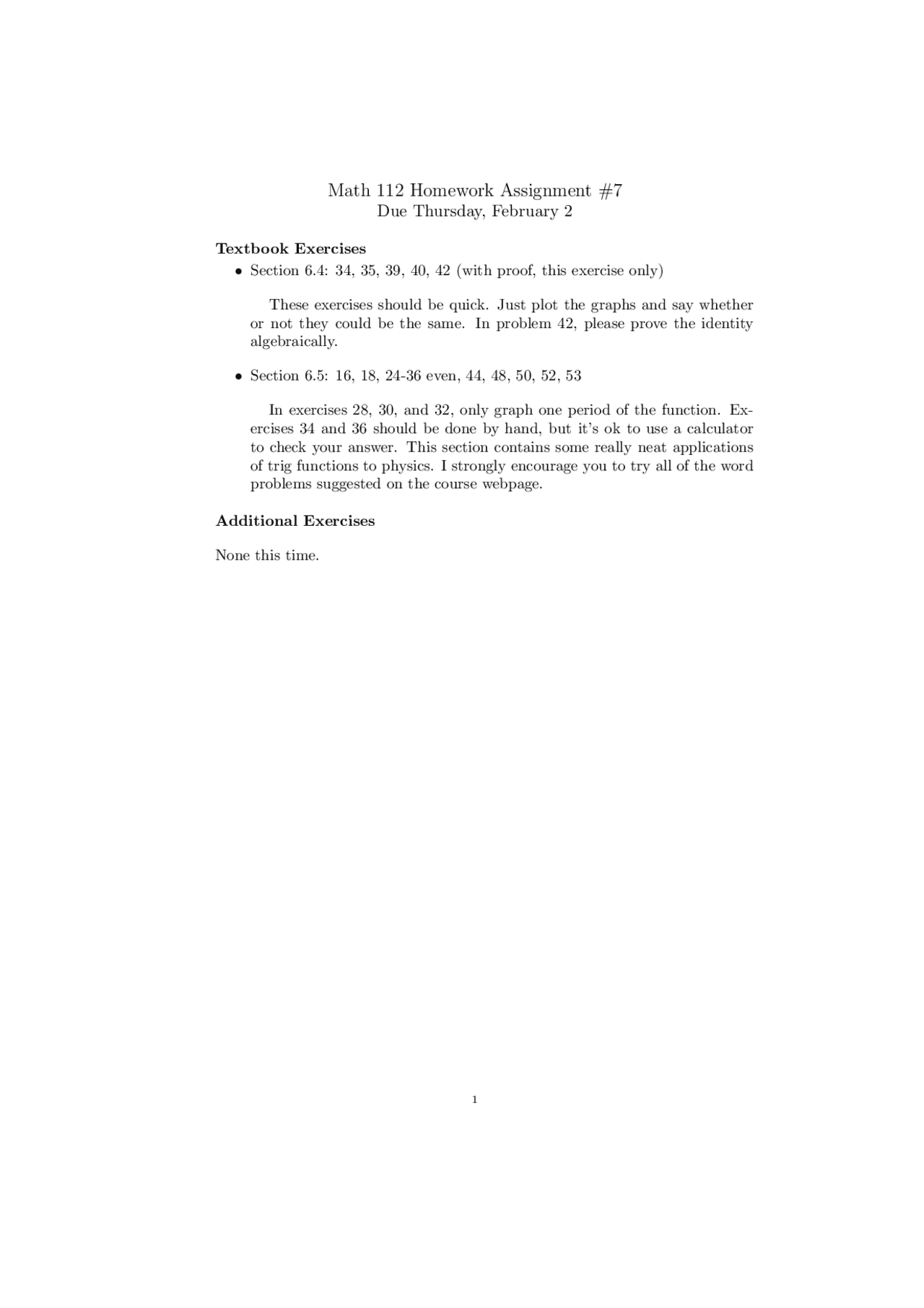 Elementary Functions Homework Assignment 7 Math 112 Docsity