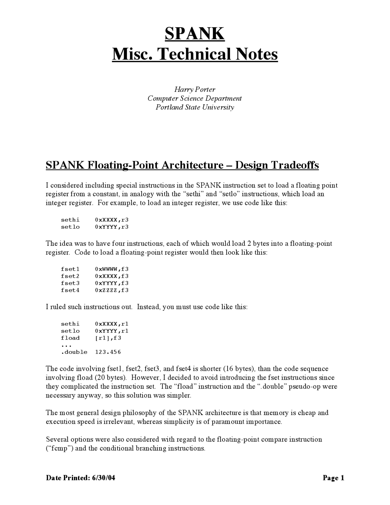 SPANK Floating Point Architecture - Design Tradeoffs | CS 333 - Docsity
