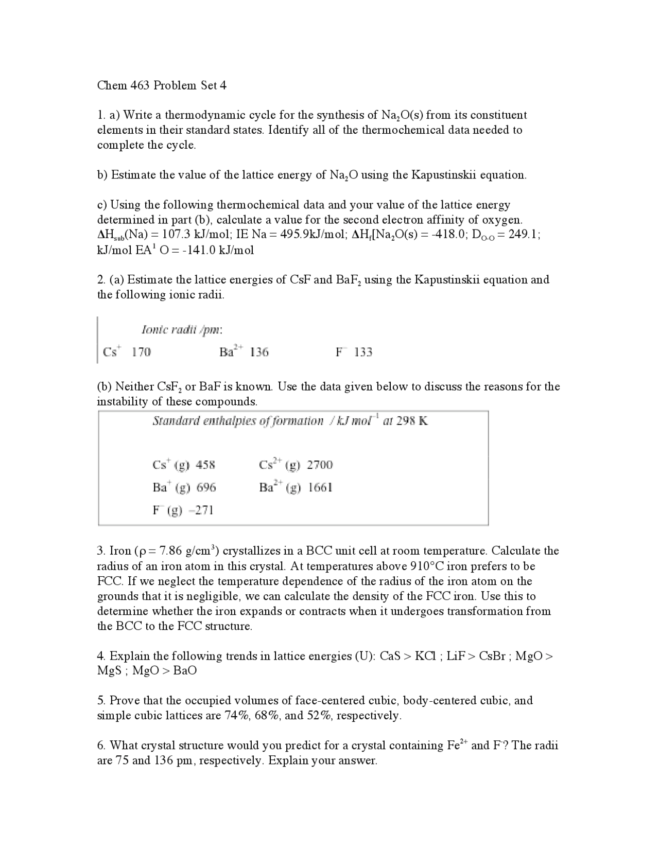 Inorganic Chemistry Problem Set 4 Chem 463 Docsity