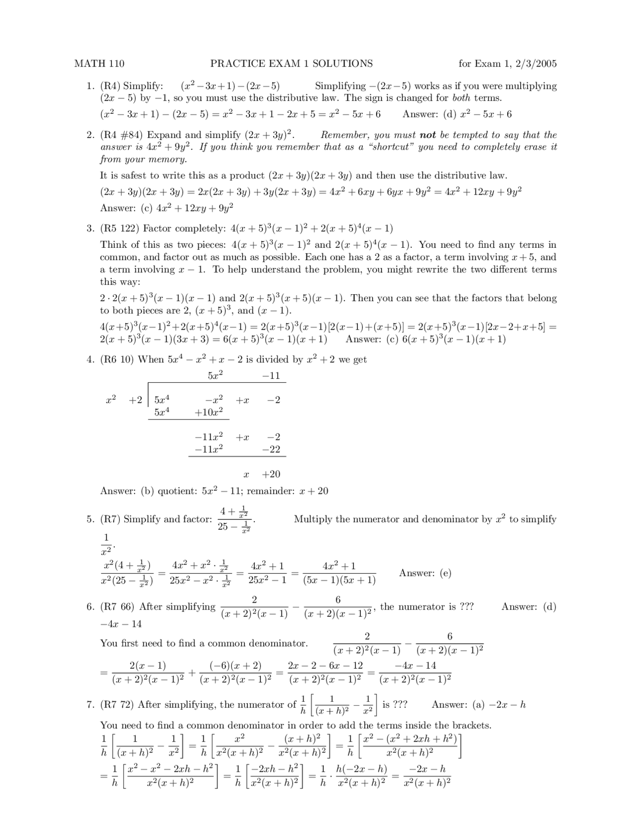 Solutions Practice Exam 1 Fall 2005 Math 110 Docsity