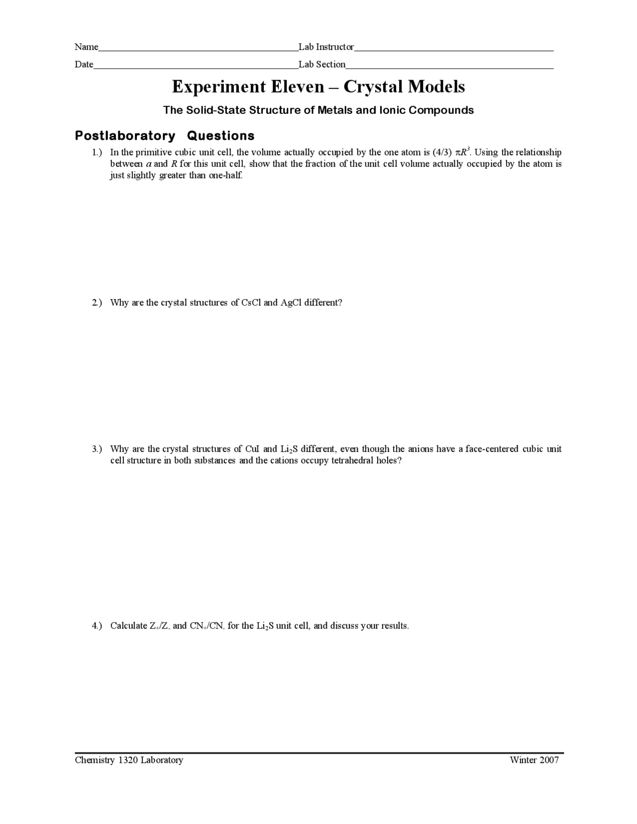 Lab Experiment Notes for Chemistry 1320: Crystal Models and Unit Cell ...