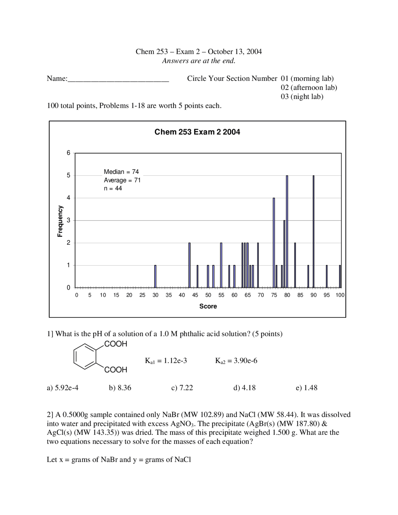 Old Exam 2 With Answers Quantitative Analysis Chem 253 Docsity