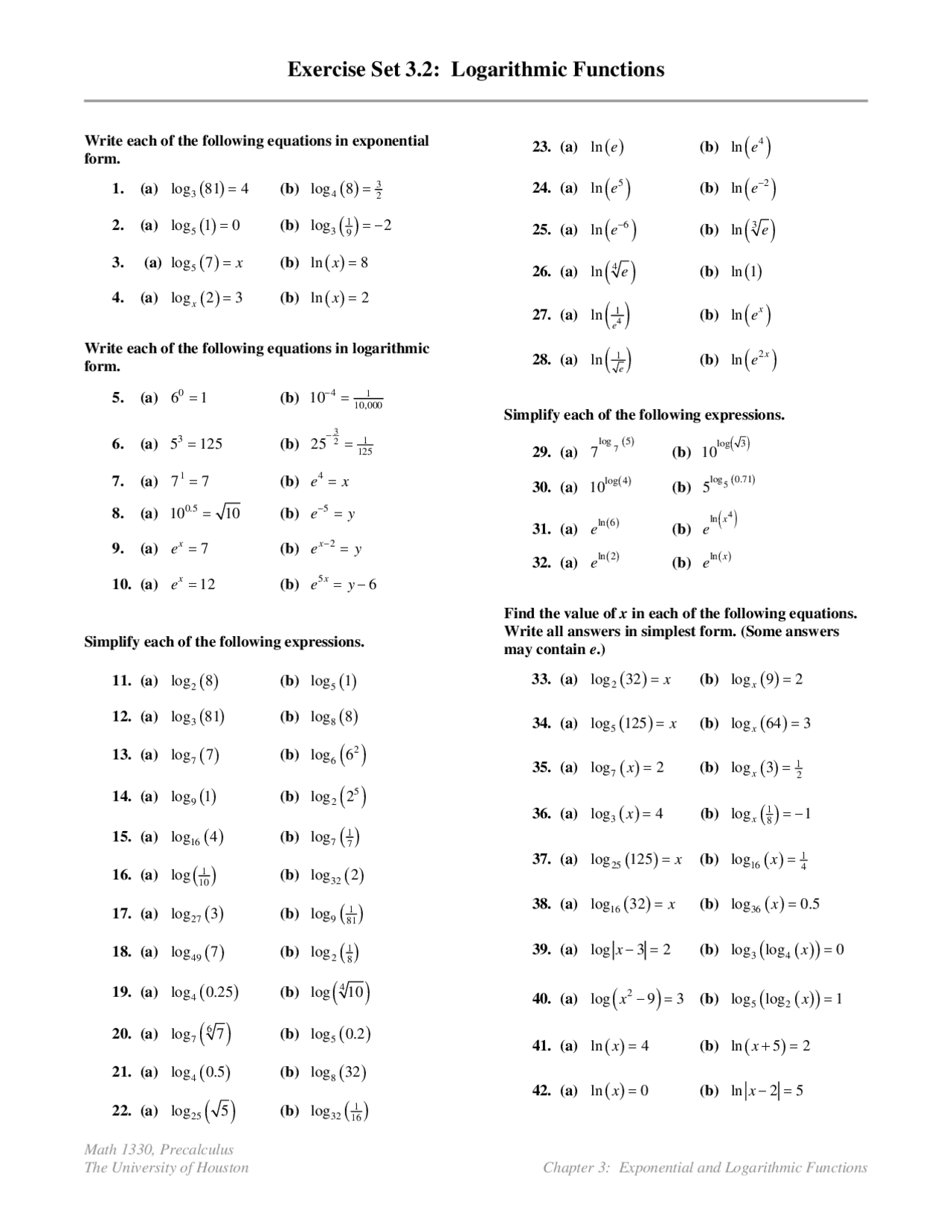 Logarithmic Functions - Assignment 3 | MATH 1330 | Assignments Pre-Calculus | Docsity
