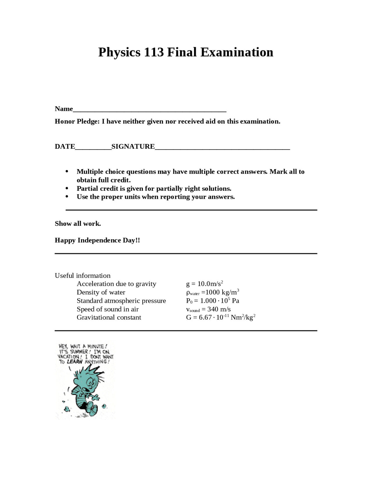General Physics I Final Term Exam Phy 113 Docsity