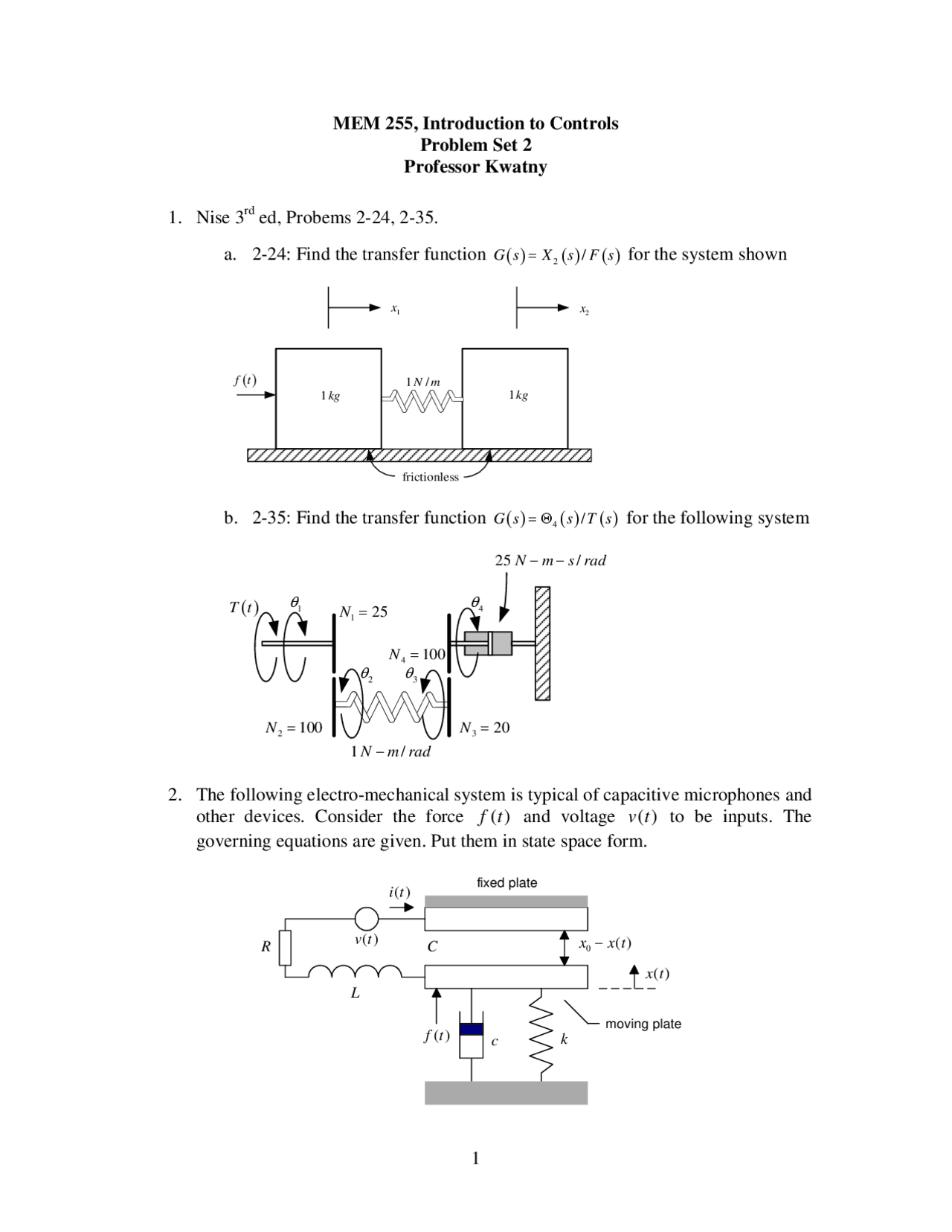 Transfer Functions in Introduction to Control of Mechanical System | MEM 255 | Assignments ...