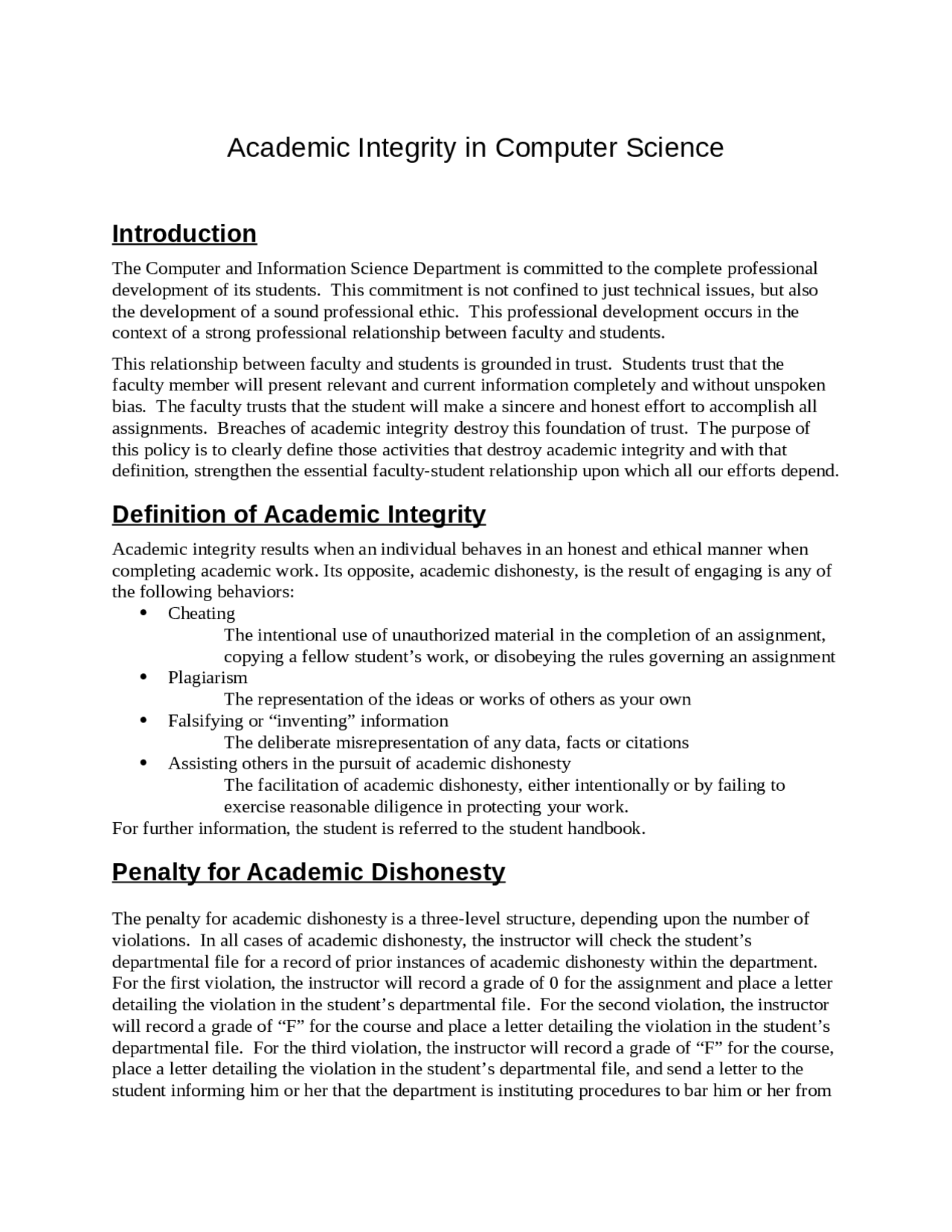 Academic Integrity In Computer Science Csci 3350 Assignments