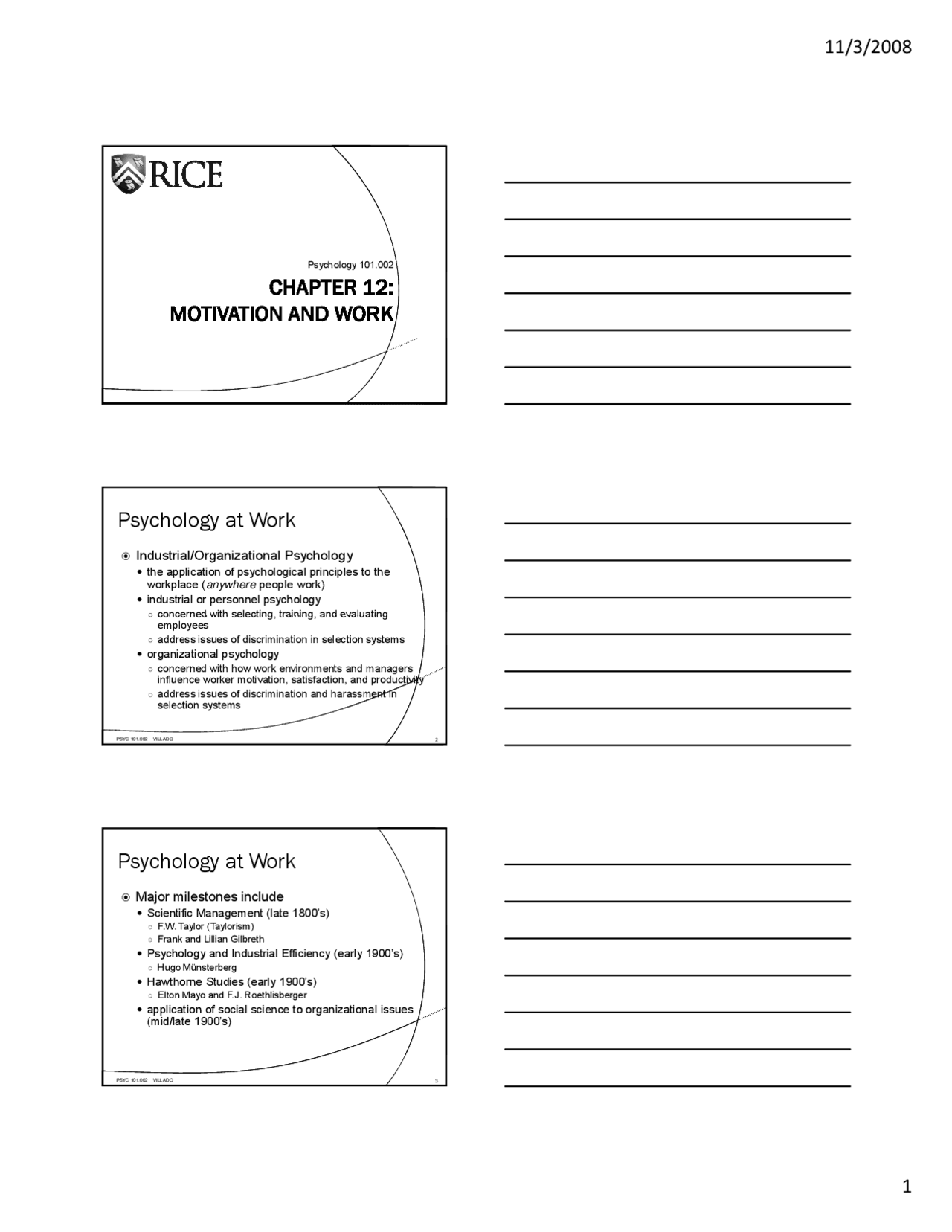 Chapter 12: Motivations and Work - Lecture Slides | PSYC 101 - Docsity