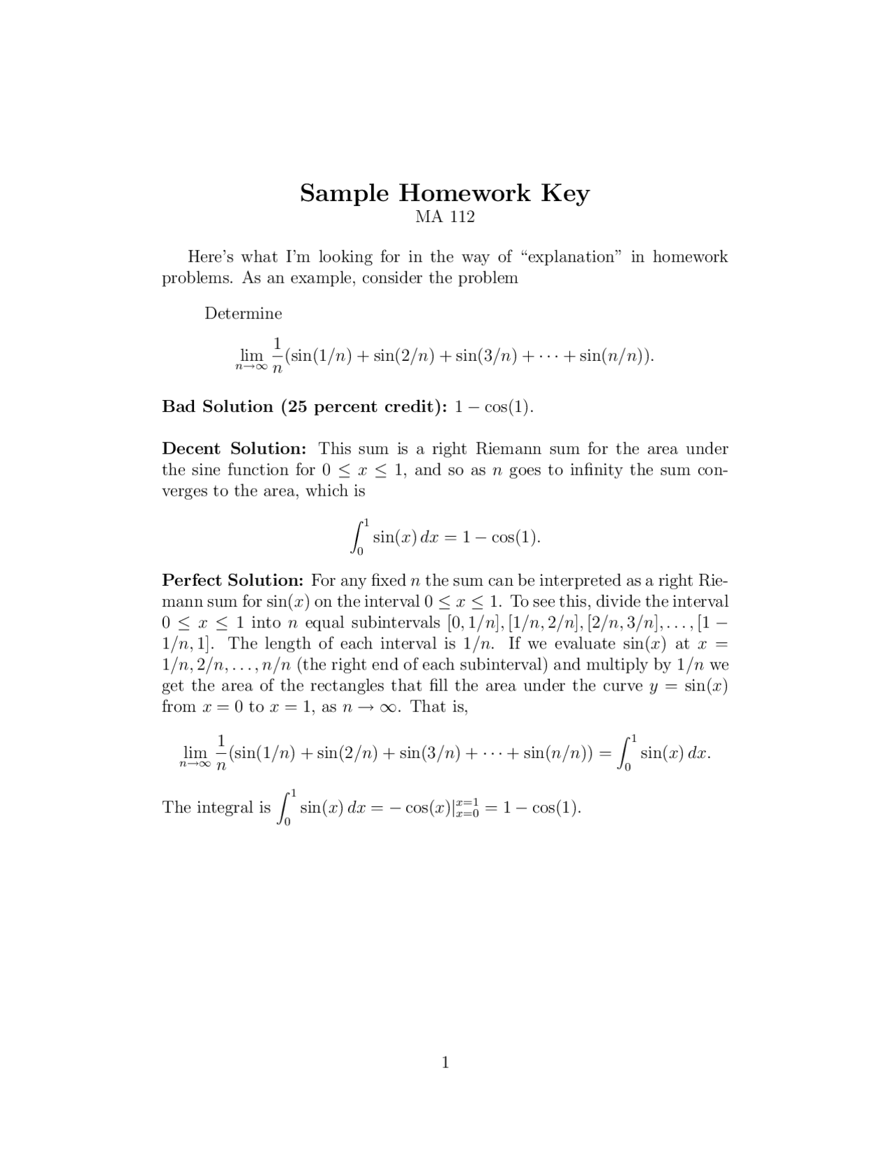 Sample Homework With Key Calculus 2 Ma 112 Docsity