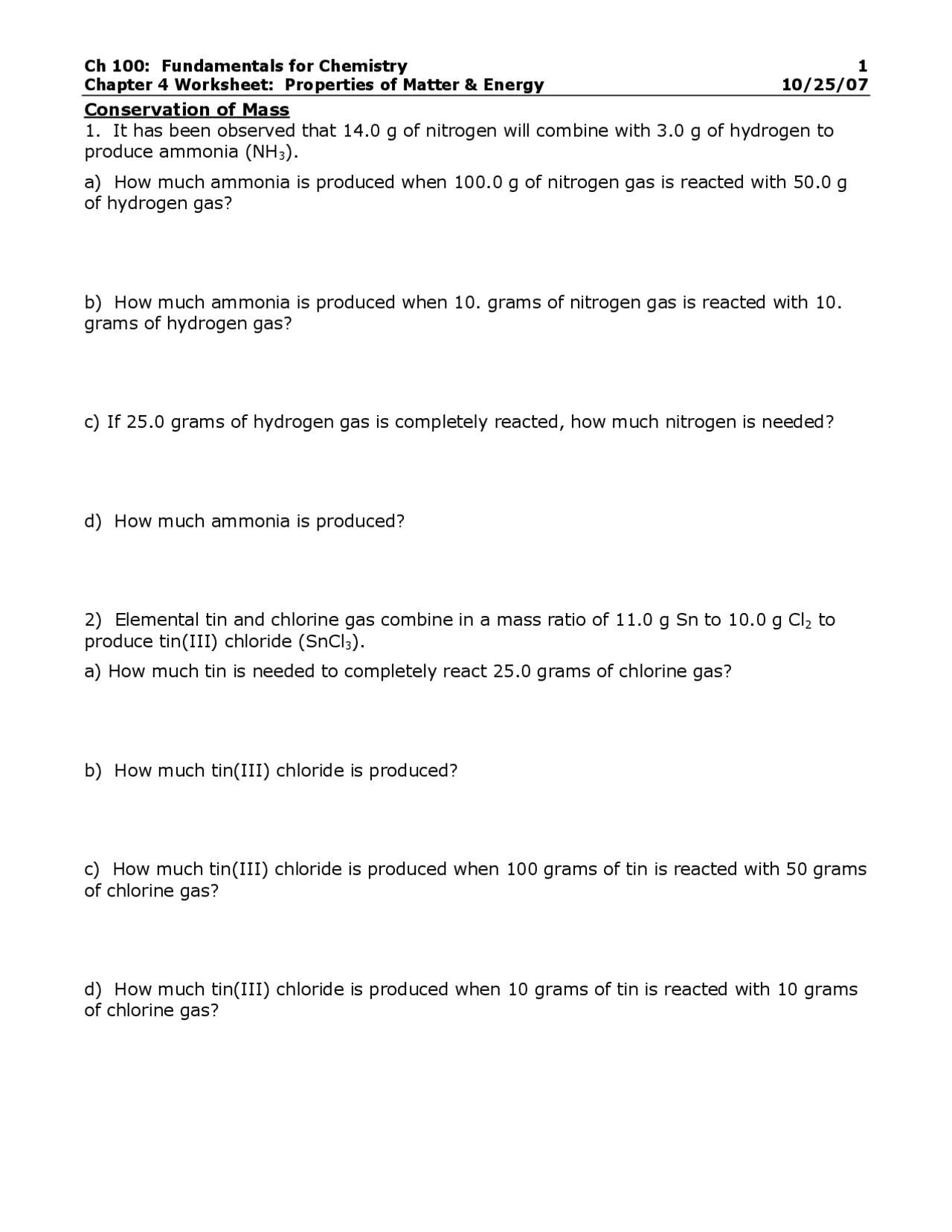 Worksheet: Properties of Matter and Energy | CH 100 - Docsity
