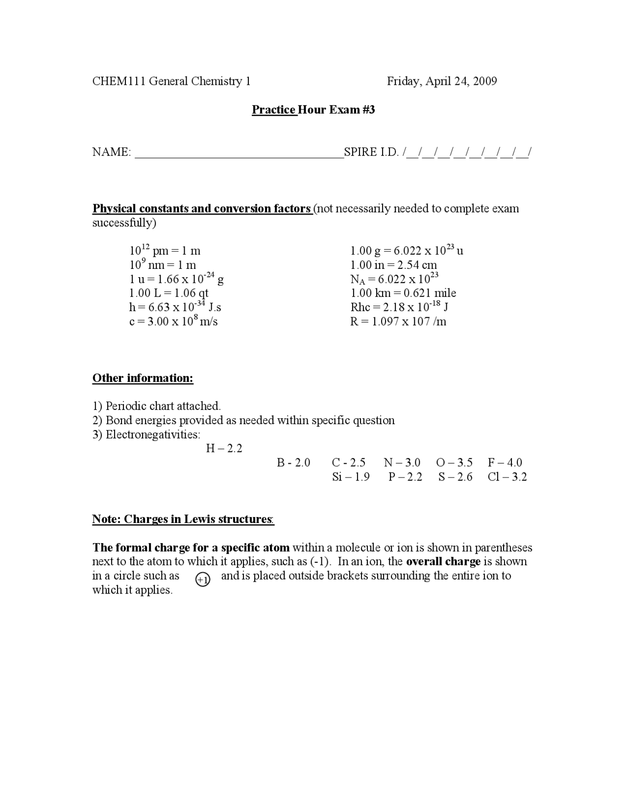 CHEM111 General Chemistry 1 Exam #3 Practice Hour - April 24, 2009 ...