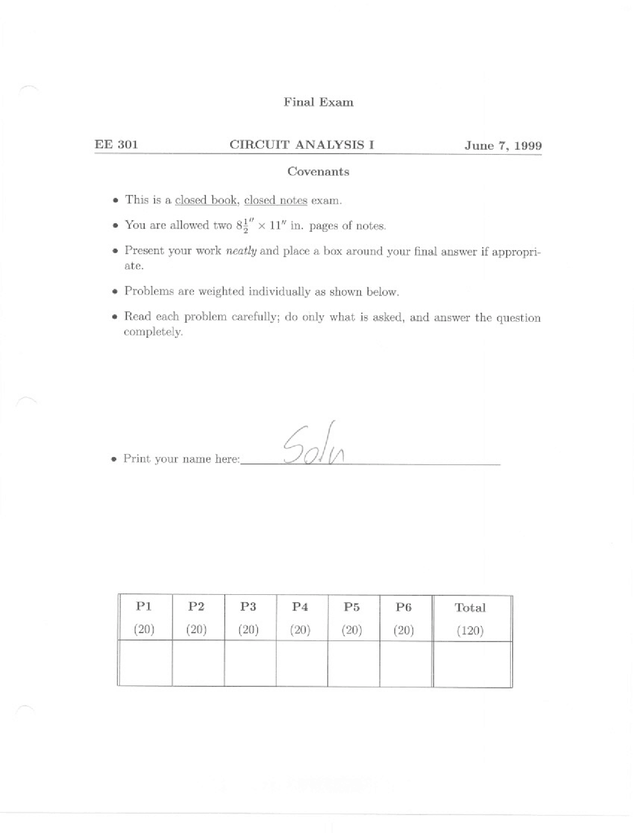Final Exam With Resolutions Circuit Analysis I Ee 301 Docsity