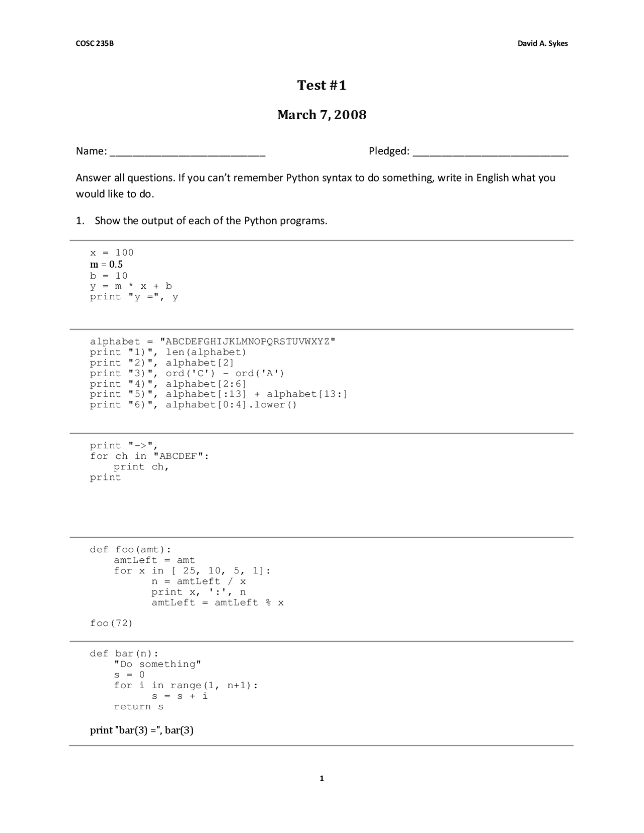 Practice Test 1 On Programming And Problem Solving Spring 2008 Cosc