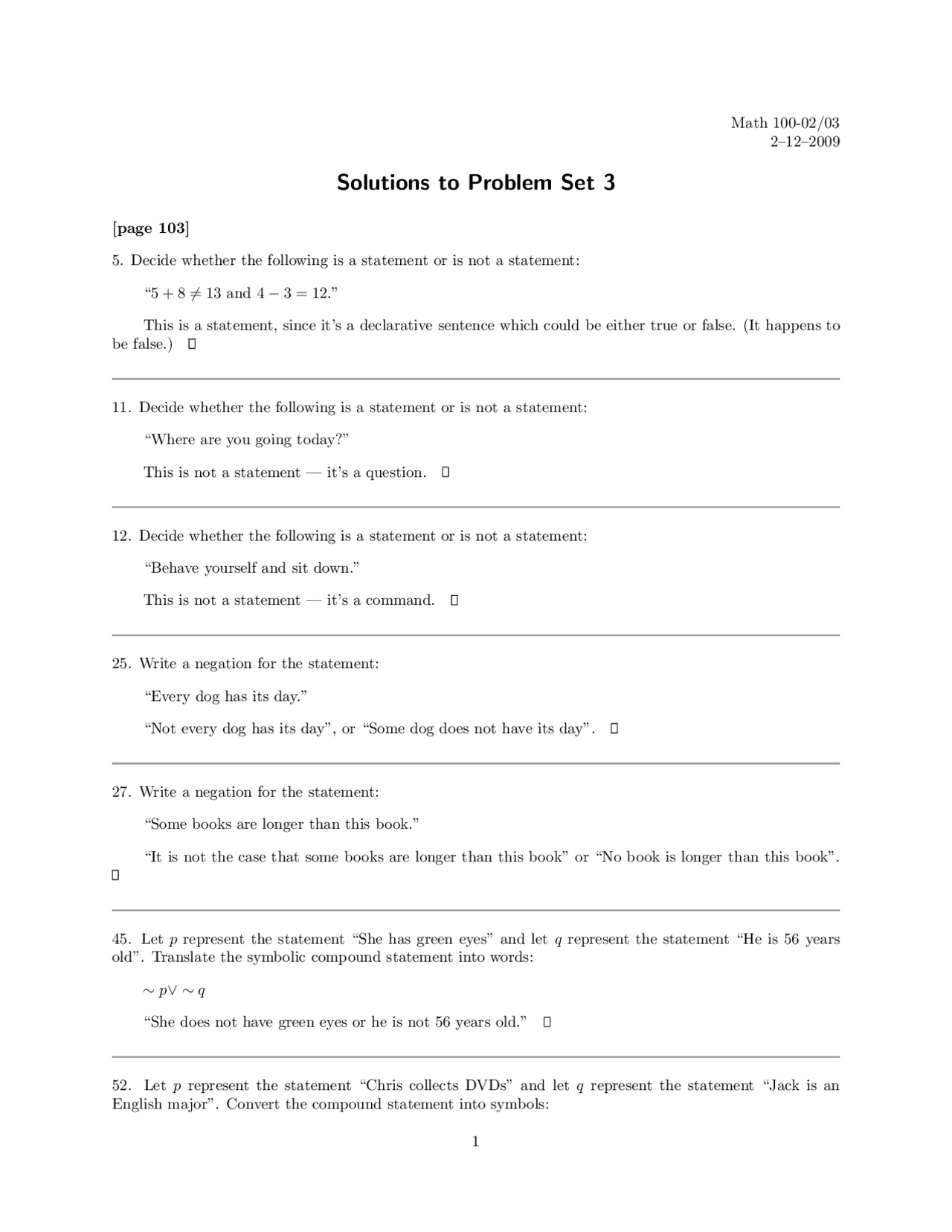 Survey Of Mathematical Ideas Solutions For Problem Set 3 Math 100
