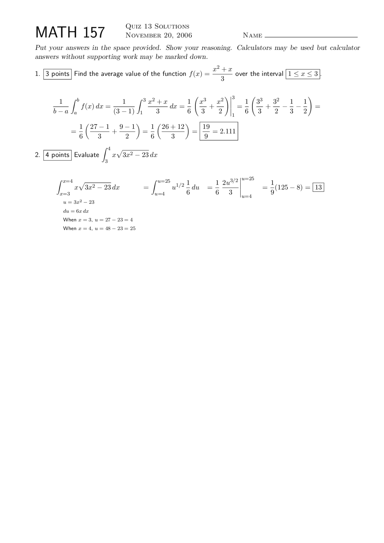 Quiz Solutions for MATH 157: Calculus I - Average Value of a Function and Integration | Quizzes ...