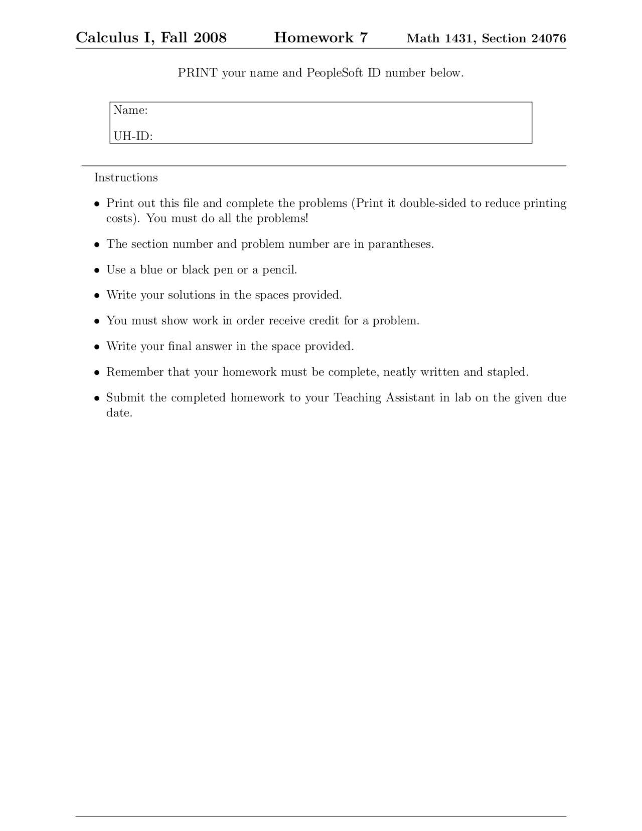 40 Problems On Calculus I Assignment 7 Math 1431 Assignments Calculus Docsity