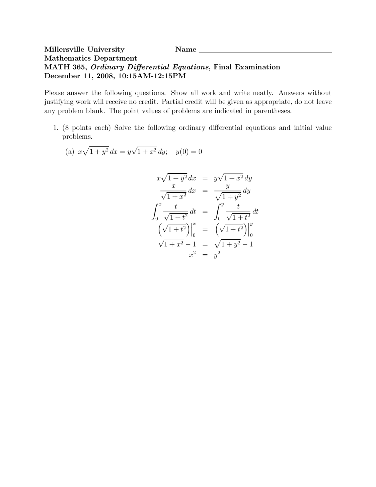 Final Exam with Answers - Ordinary Differential Equations | MATH 365 - Docsity