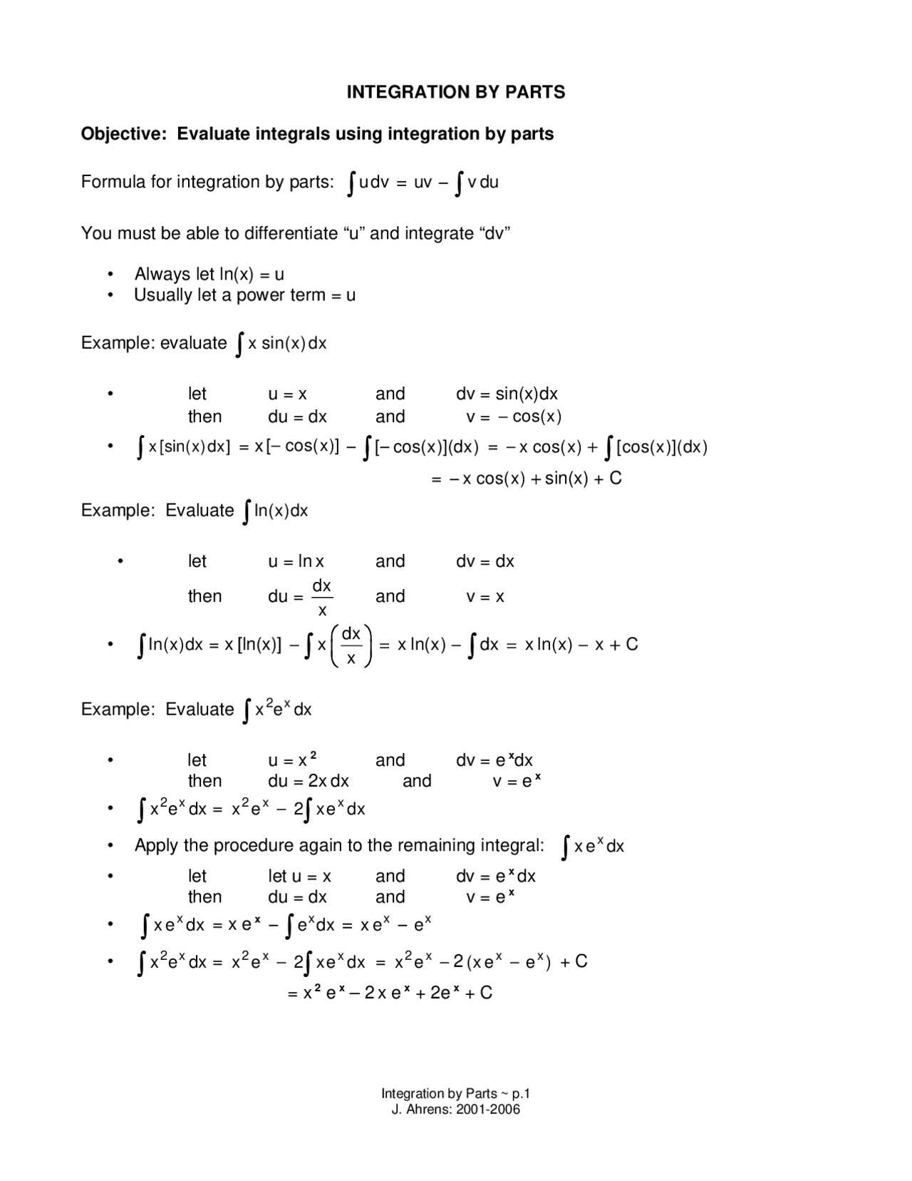 Notes On Integration By Parts Calculus Ii Math 1920 Docsity