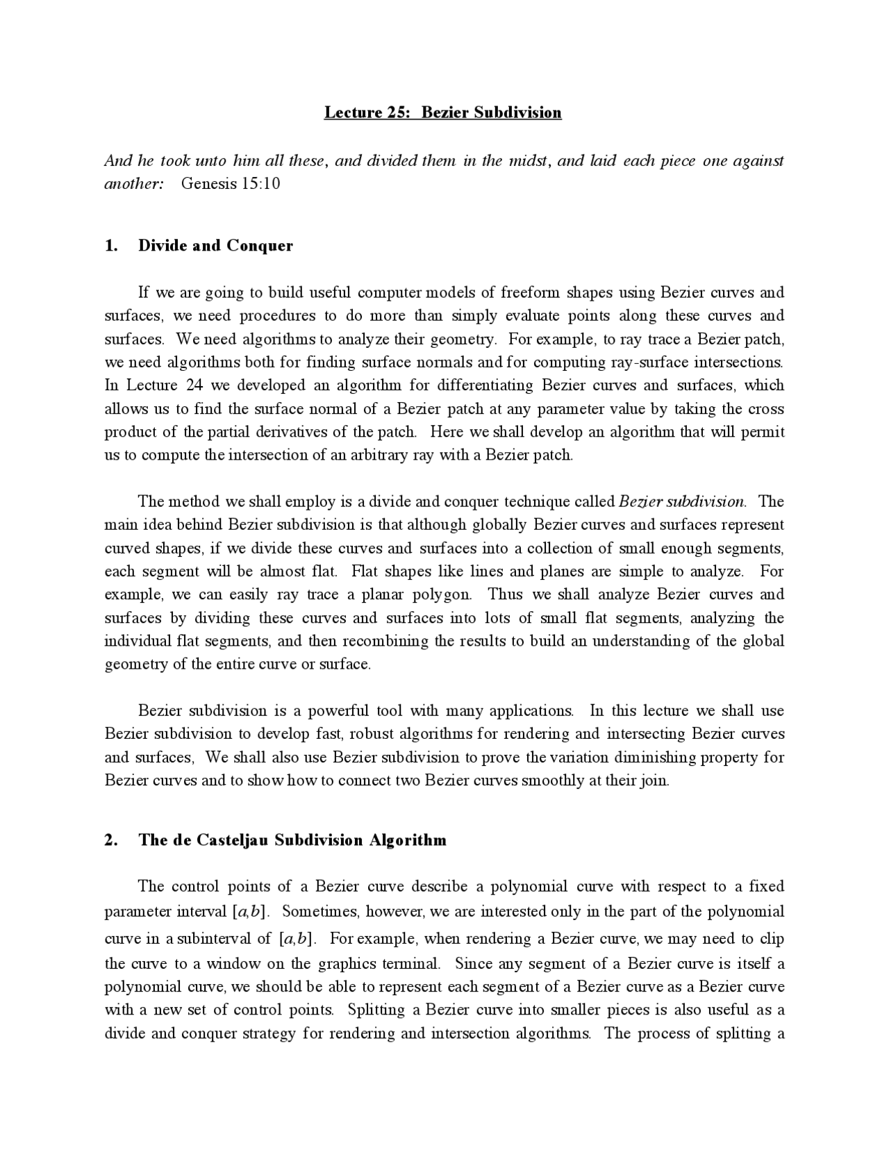 Bezier Subdivision Computer Graphics Lecture Notes Comp 360 Docsity