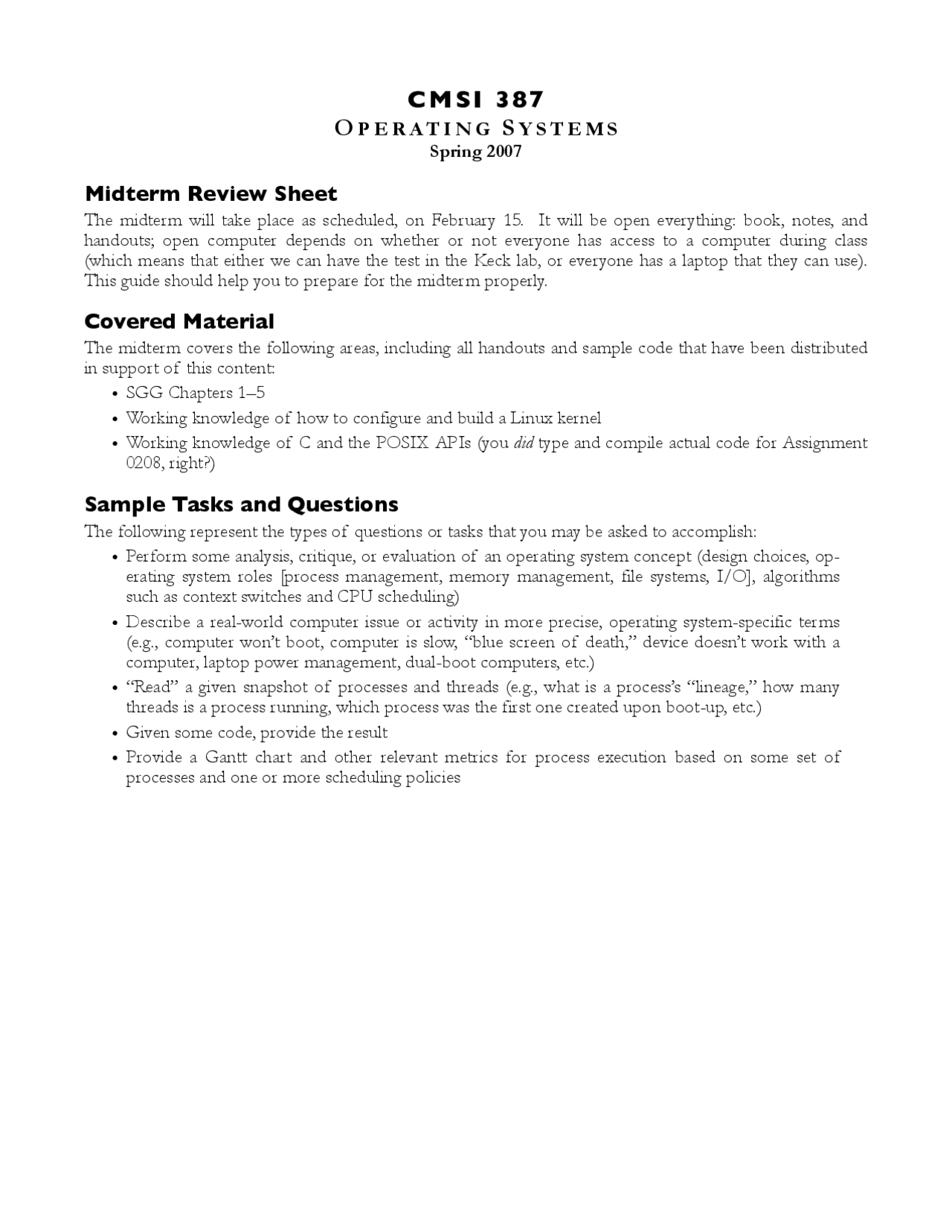 Midterm Review Sheet And Sample Questions Operating Systems Cmsi