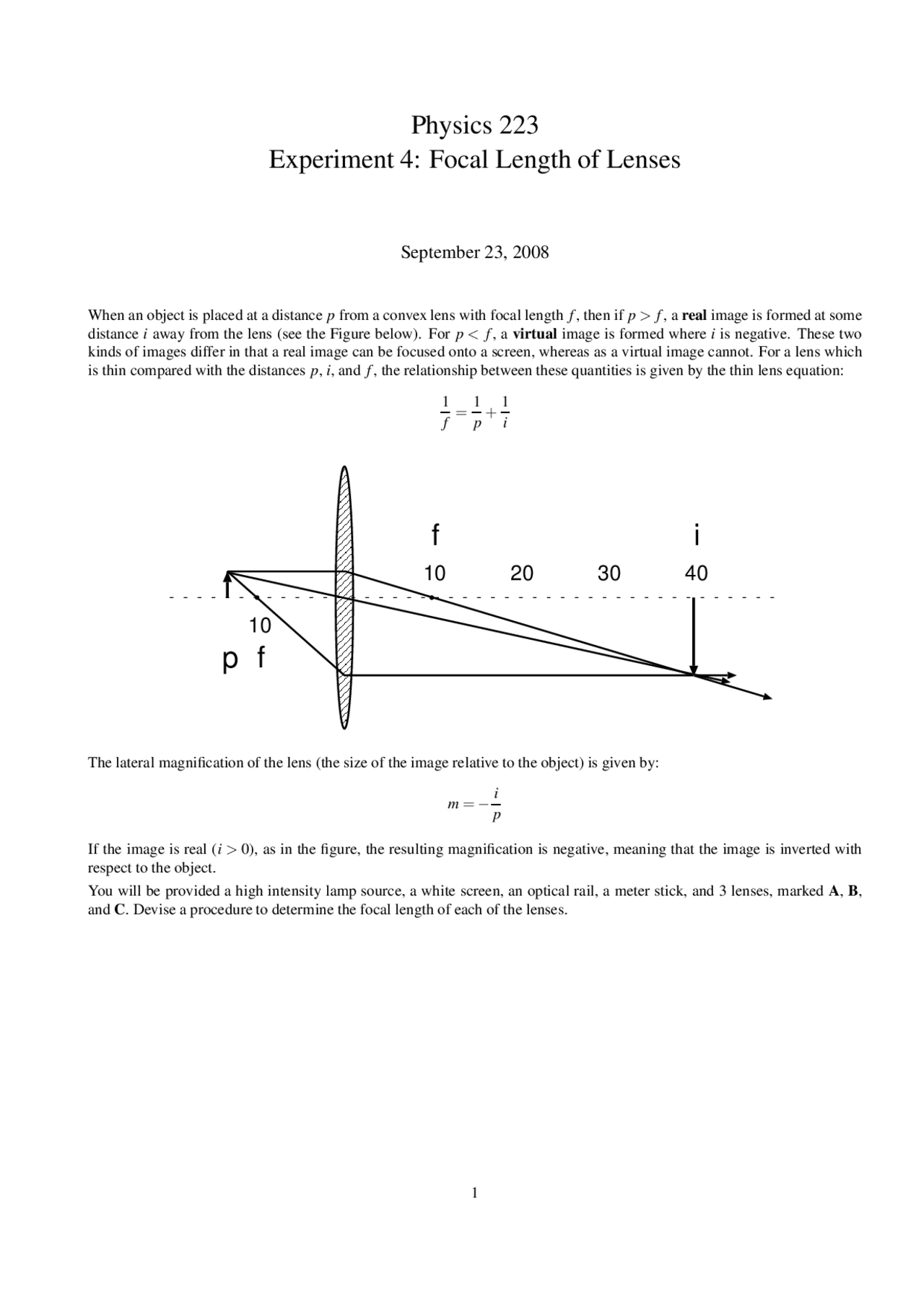 Focal Length Of Lenses Laboratory Experiment 4 Phys 223 Docsity