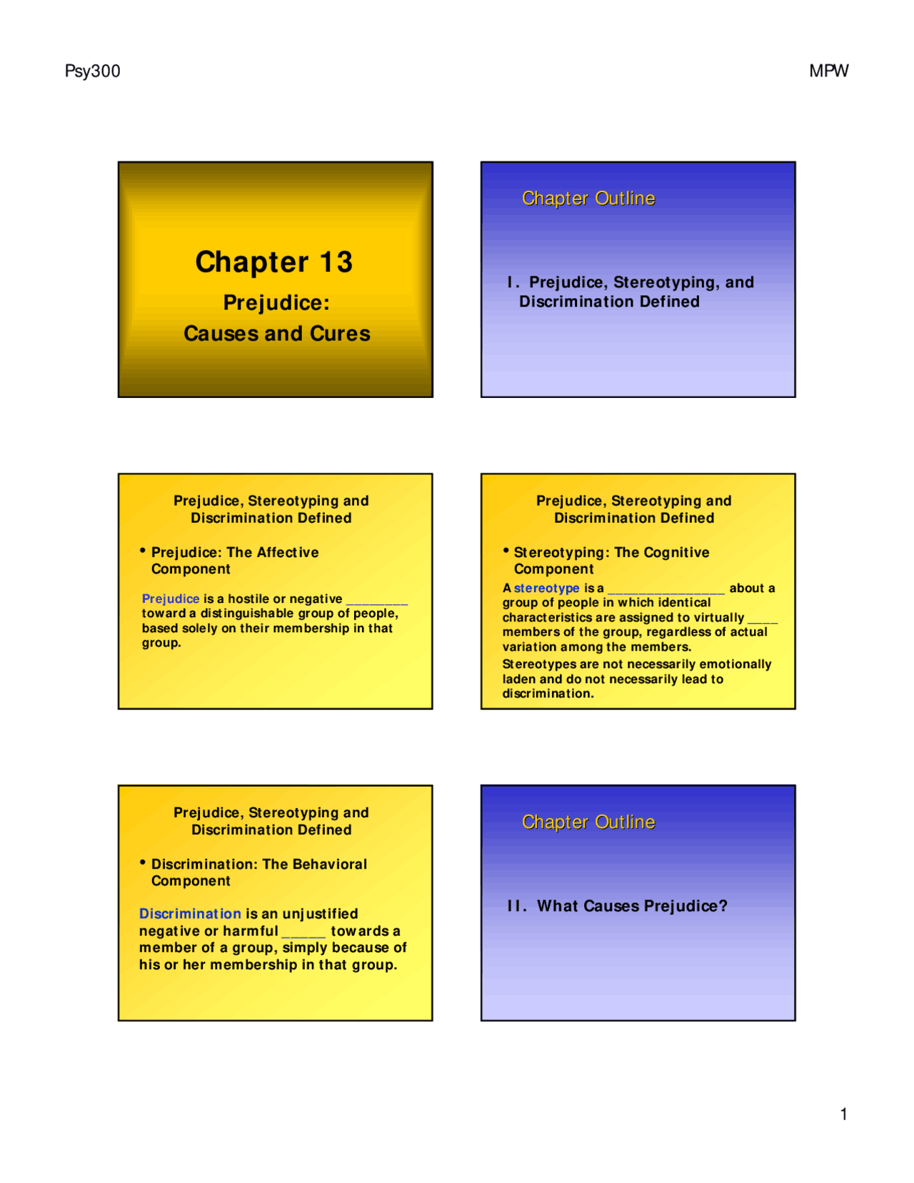 Prejudice, Stereotyping and Discrimination Defined - Lecture Slides | PSY 300W - Docsity