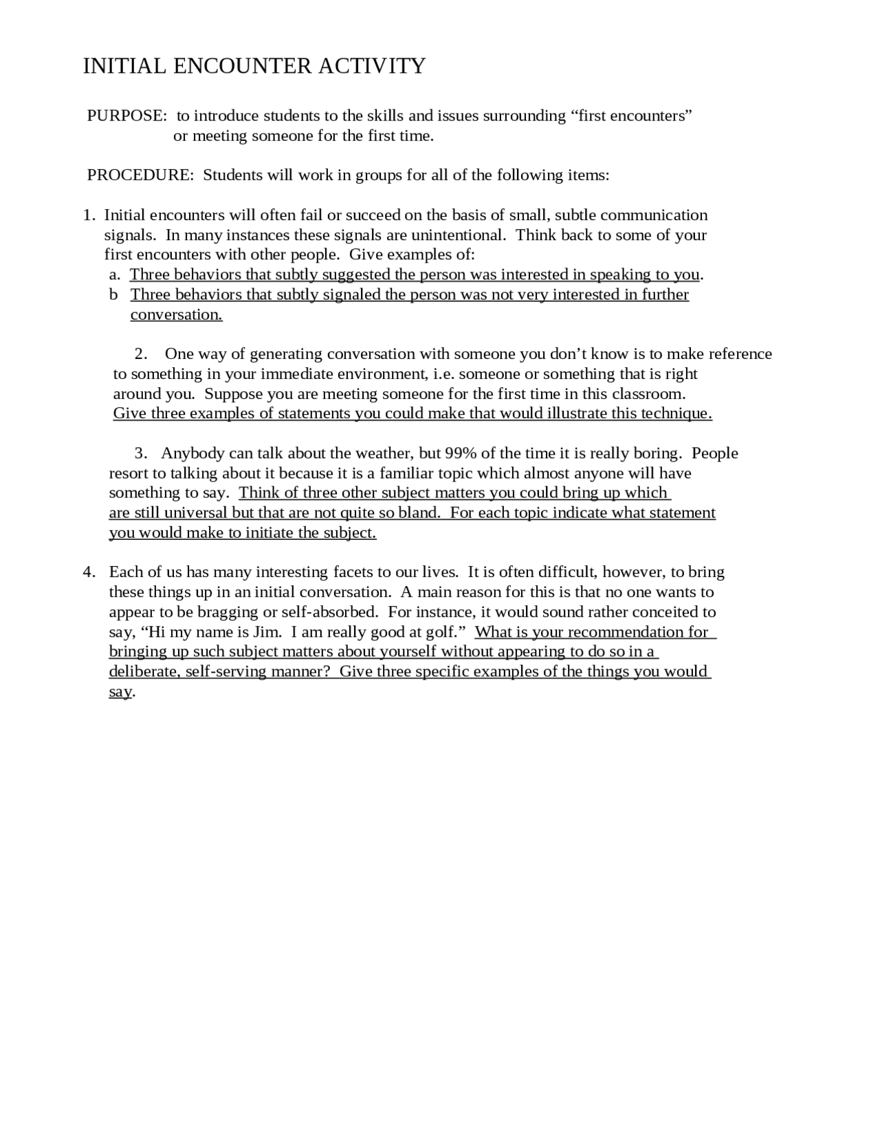 Initial Encounter Activity Introduction To Human Communication Hcom