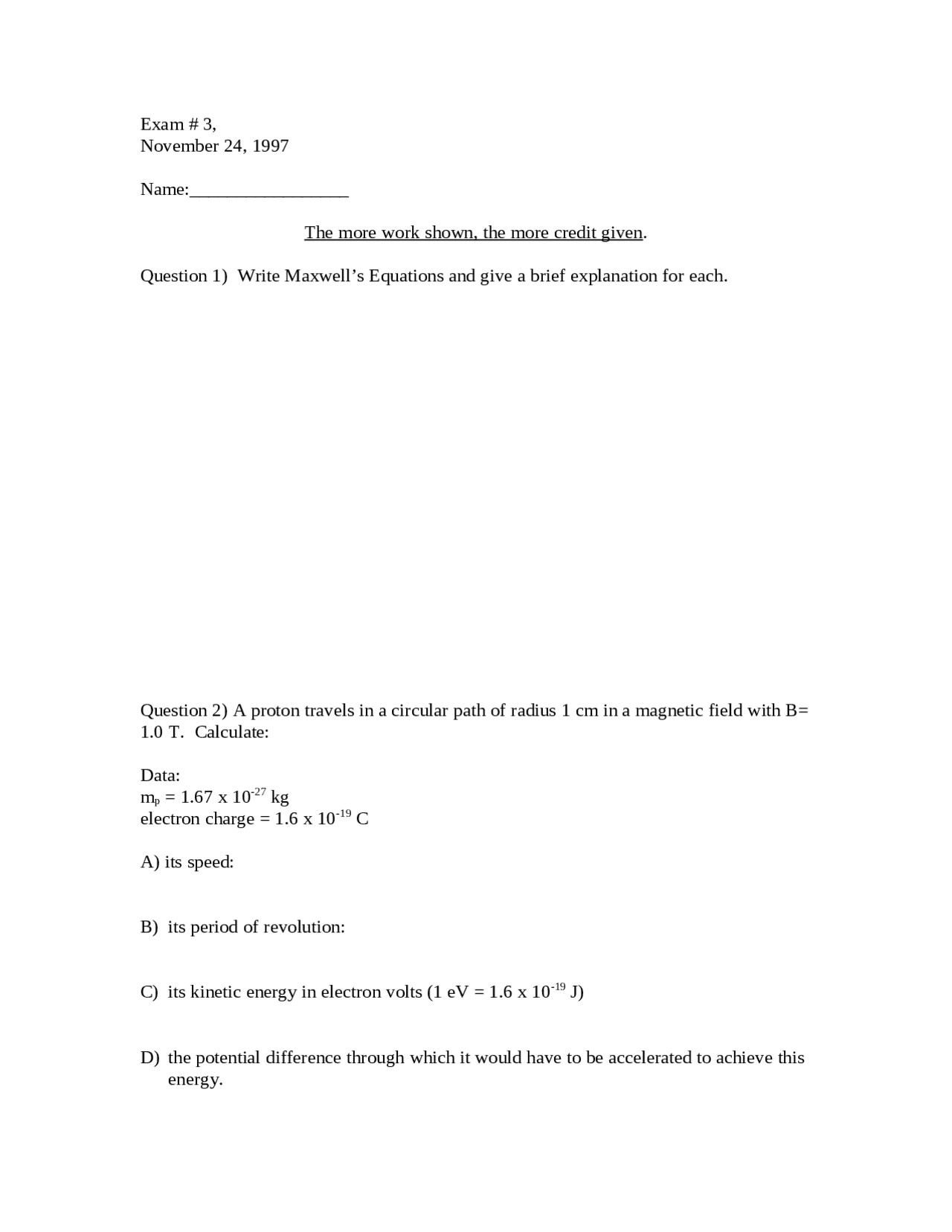 5 Questions On Electricity And Magnetism Examination 3 Phys 260