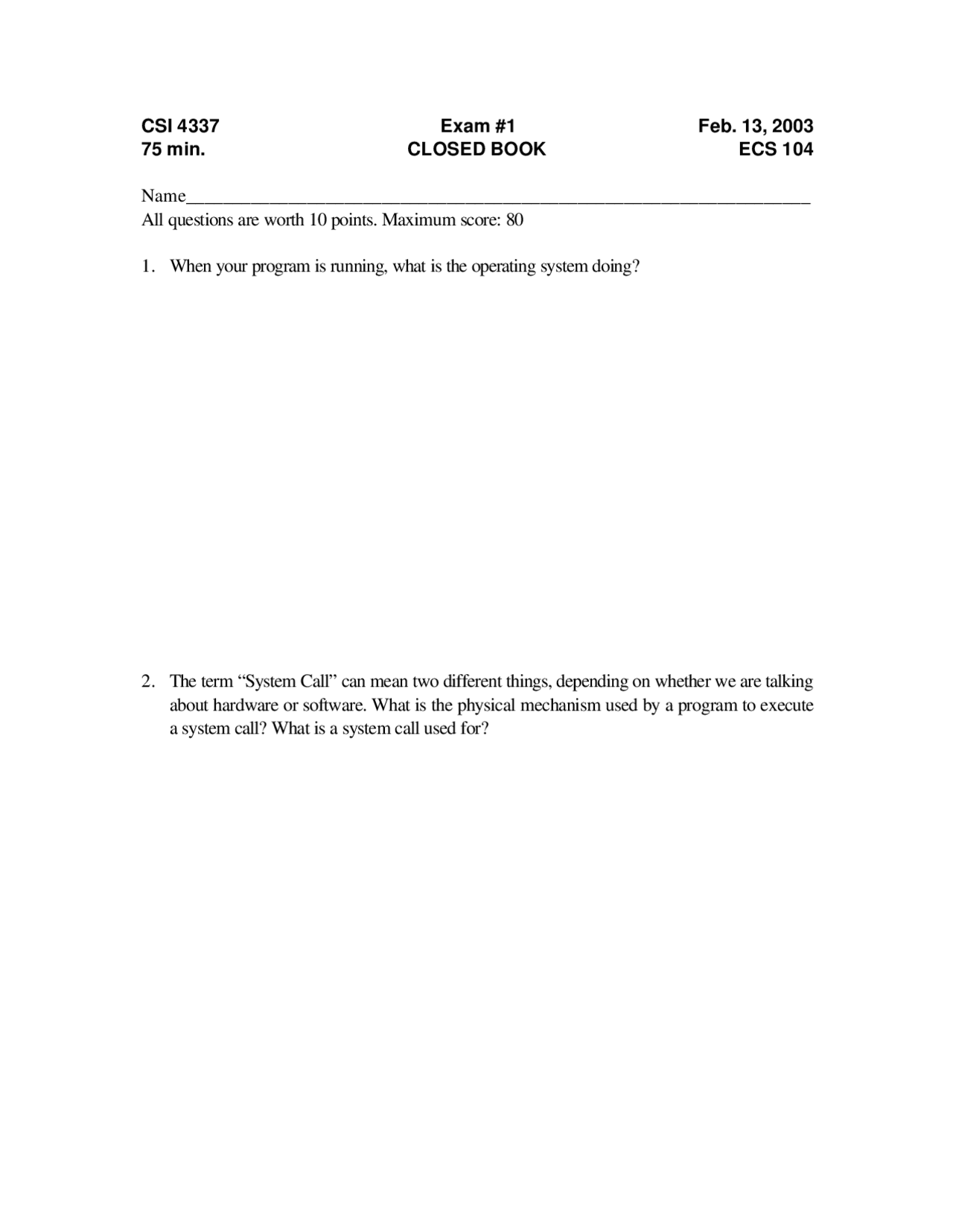 Unsolved Exam 1 For Introduction To Operating Systems Csi 4337 Docsity