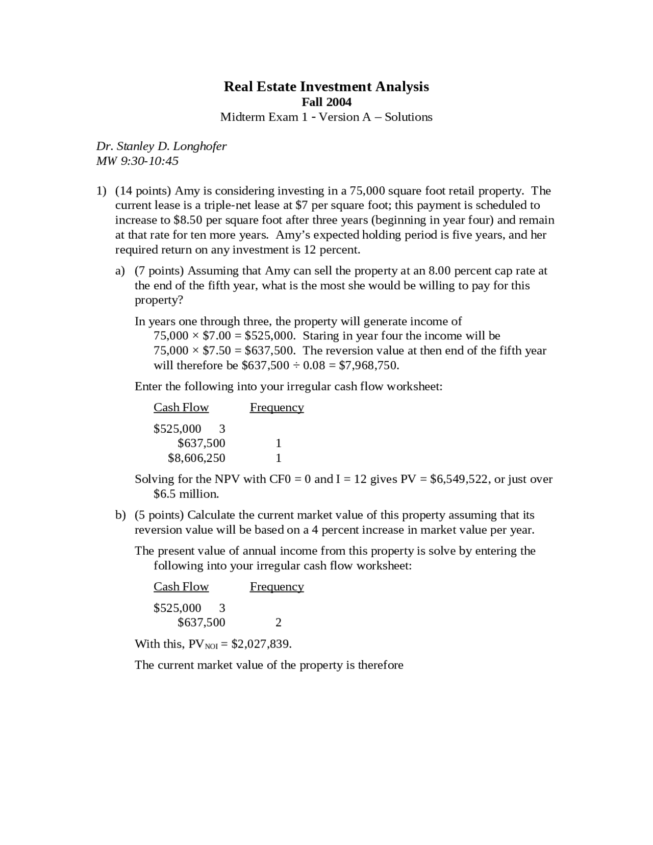Midterm Exam 1a With Solutions Real Estate Investment Analysis Re