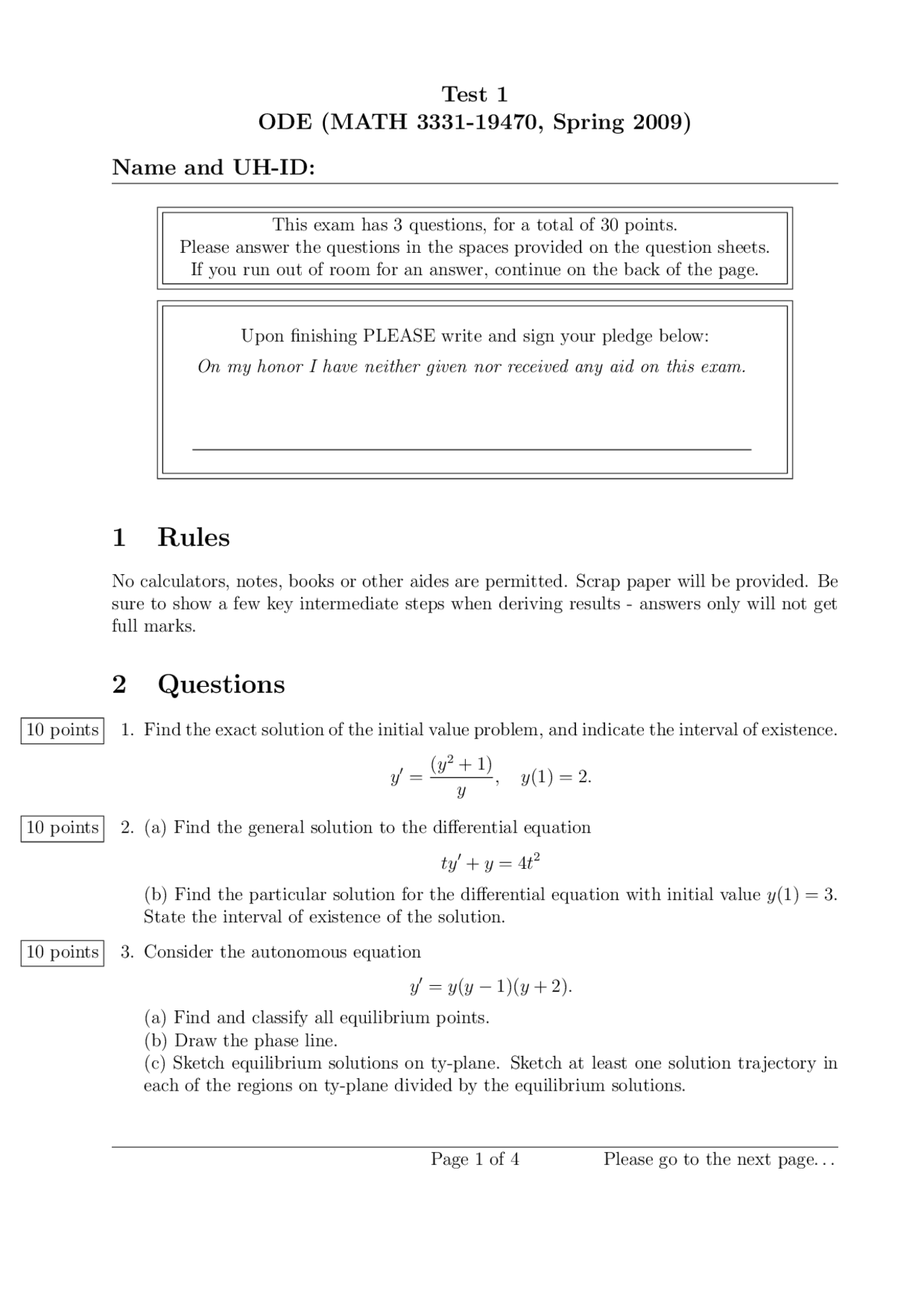 3 Questions On Ordinary Differential Equations Test 1 Math 3331 Docsity