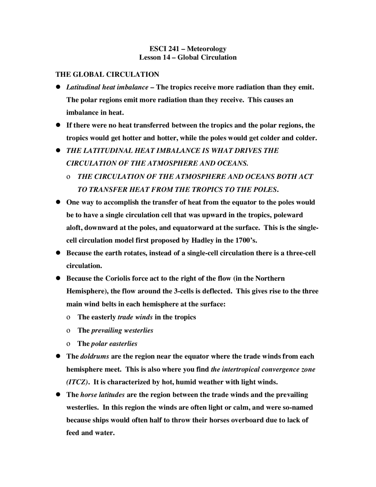 The Global Circulation Meteorology Lecture Notes Esci 241 Docsity
