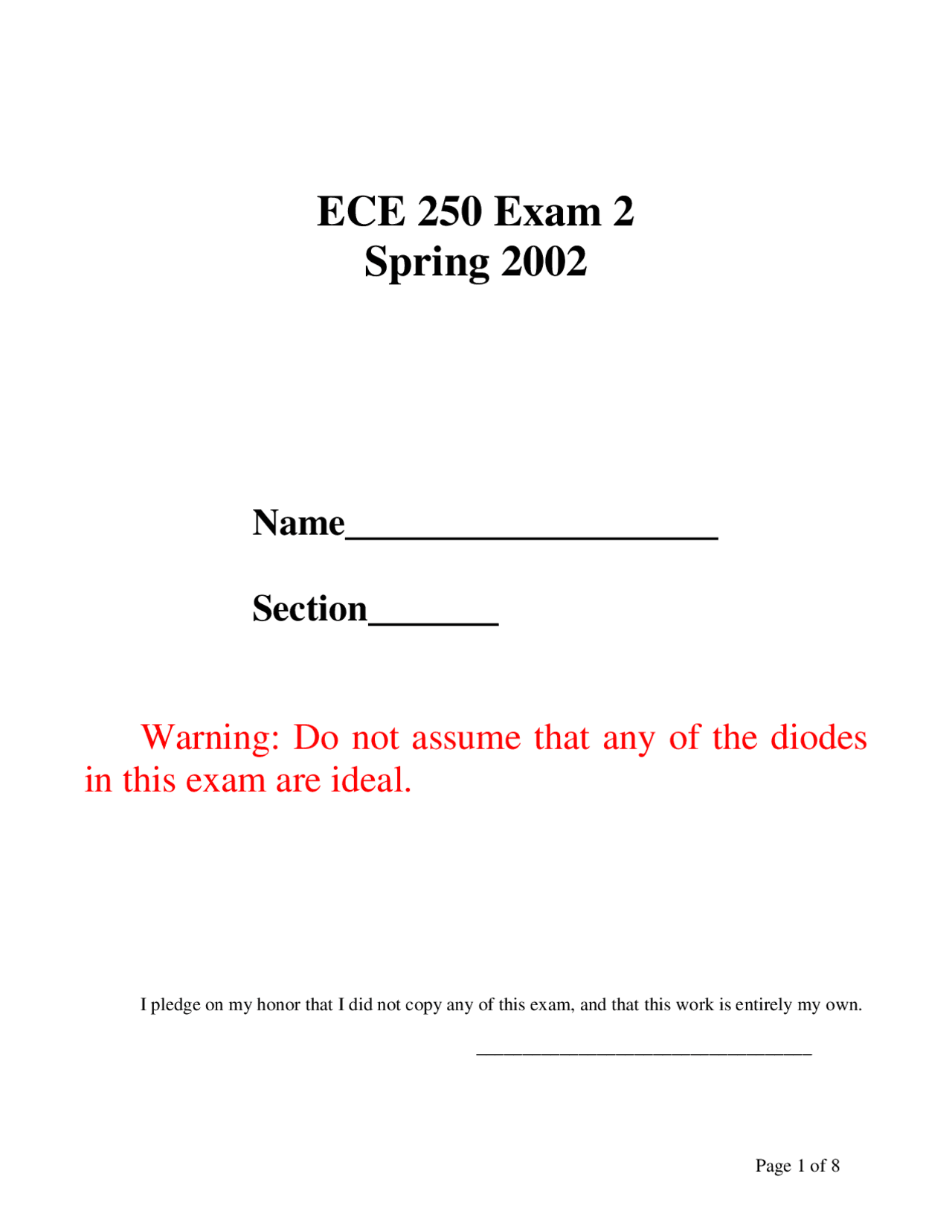 Practice Exam 2 With 6 Problems On Electronic Device Modeling Ece 250