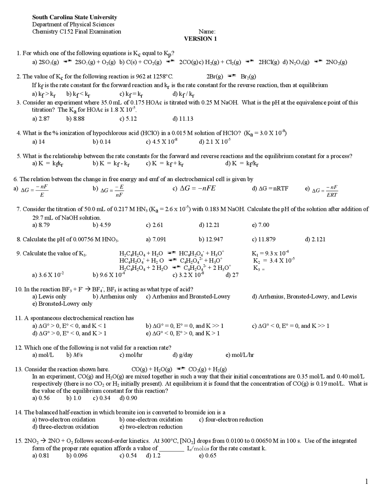 Final Exam with Answer Key - General Chemistry II | C 152 | Exams ...