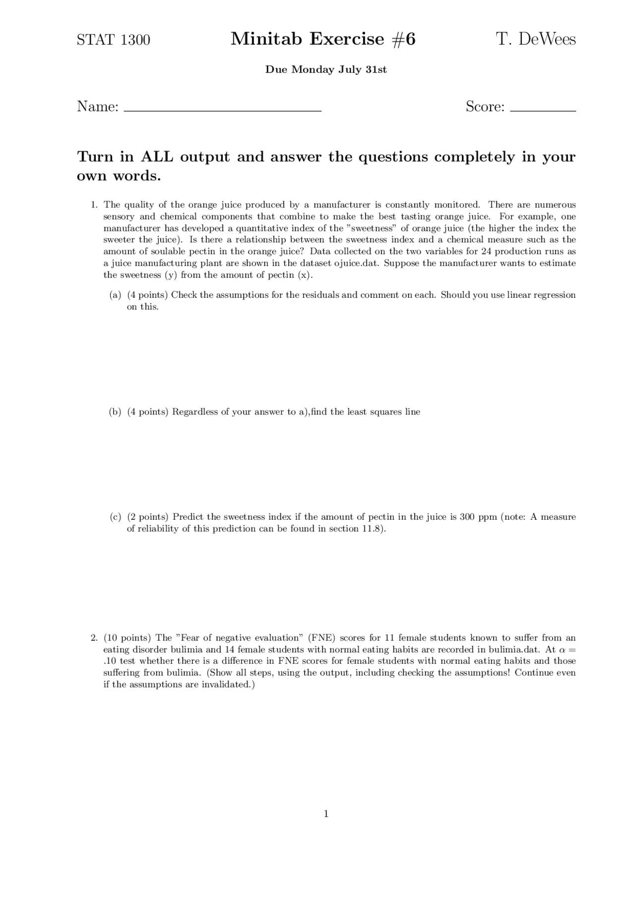Elementary Statistics Assignment 6 Questions Stat 1300 Docsity