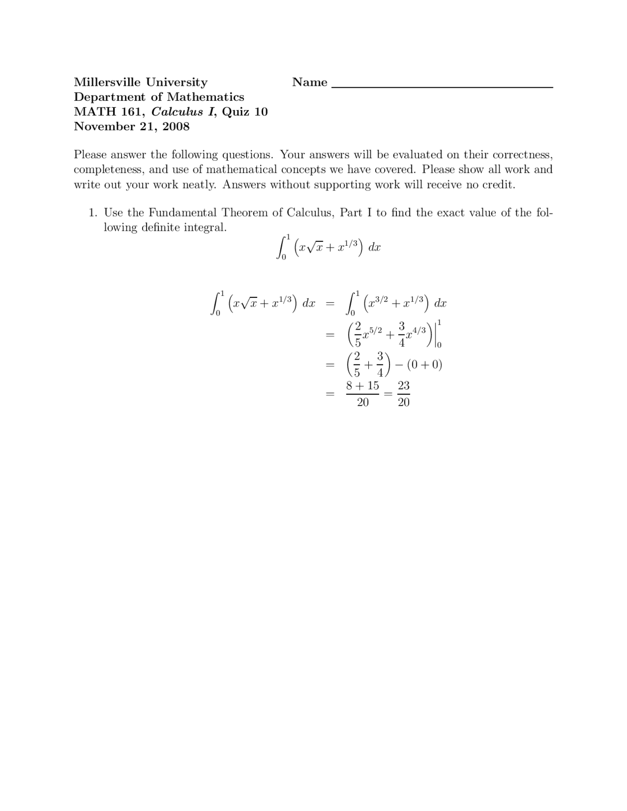 MATH 161 Quiz 10: Calculus I - Solving Definite Integrals and Finding ...